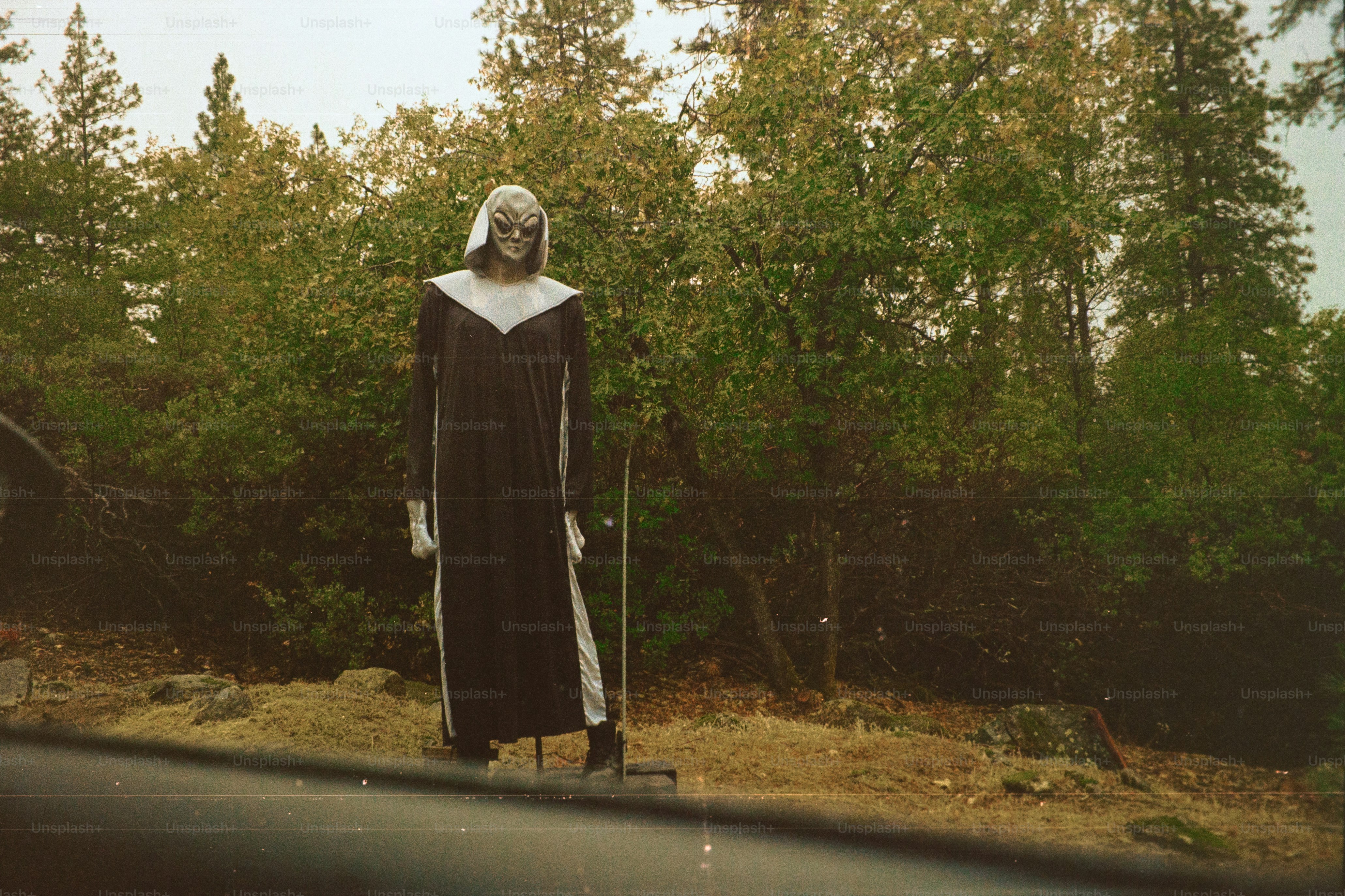 A spooky figure stands in front of some bushes. photo – Photography ...