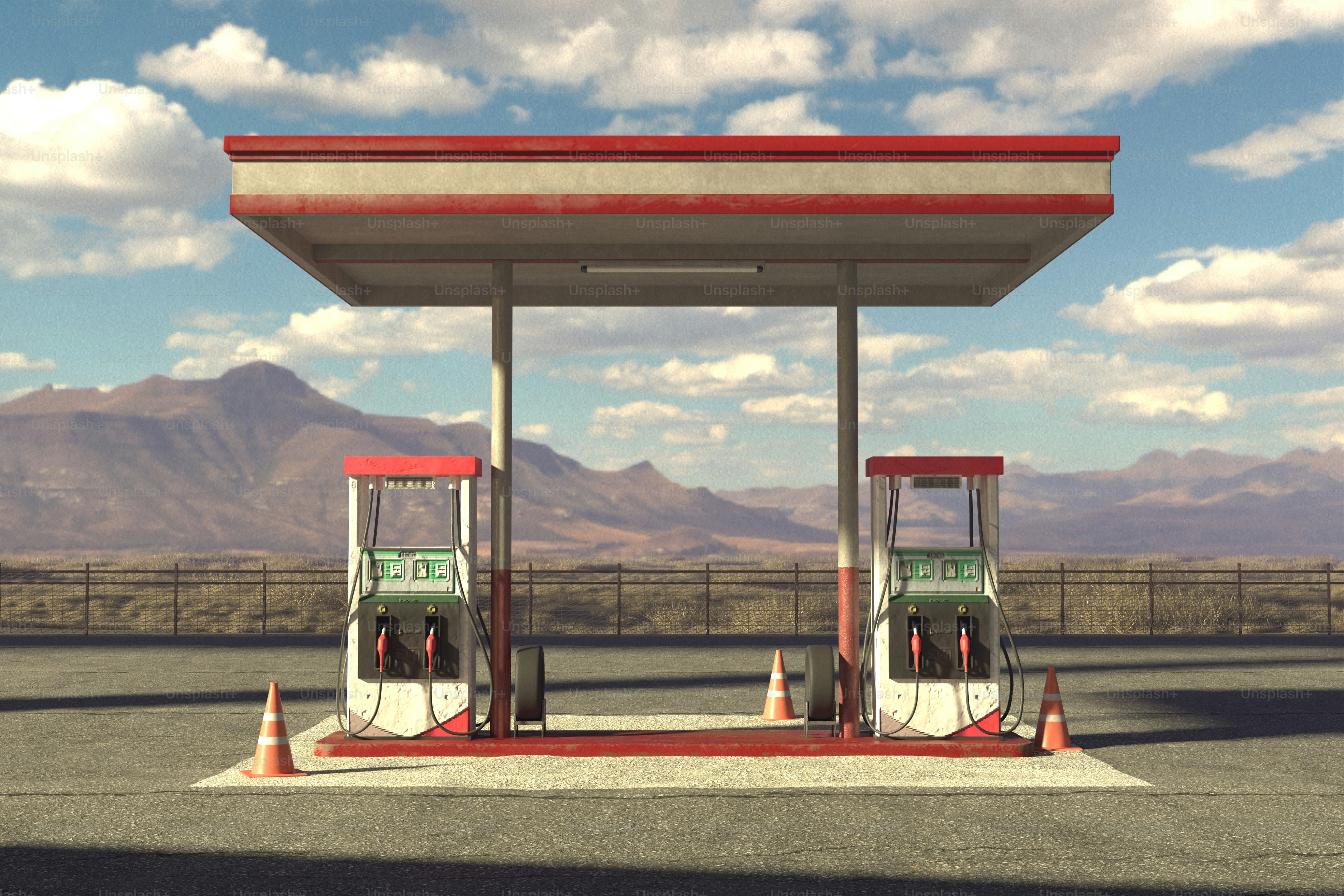 A vintage gas station stands under a blue sky. photo – Design Image on ...