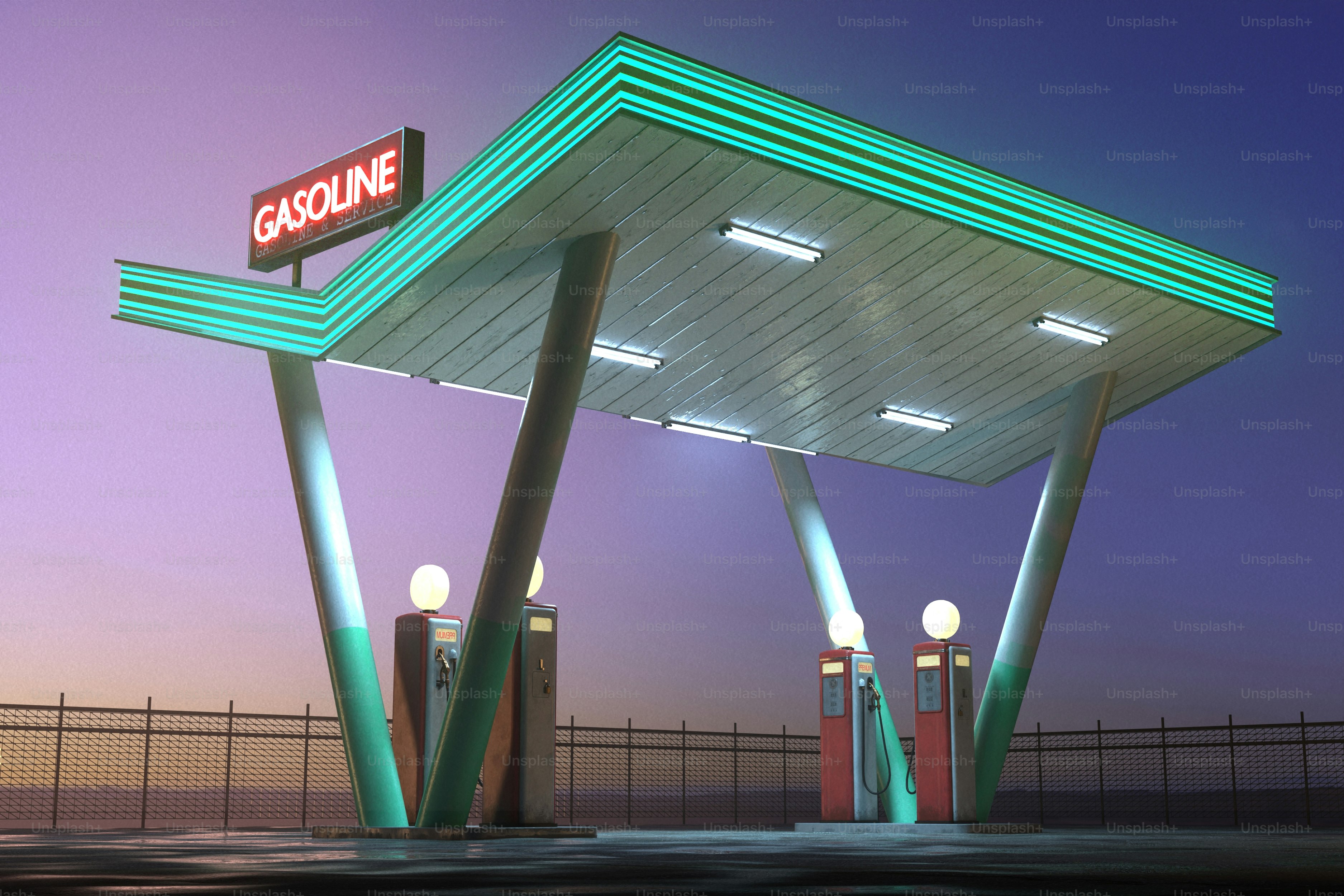A gas station stands lit at dusk. photo – Design Image on Unsplash