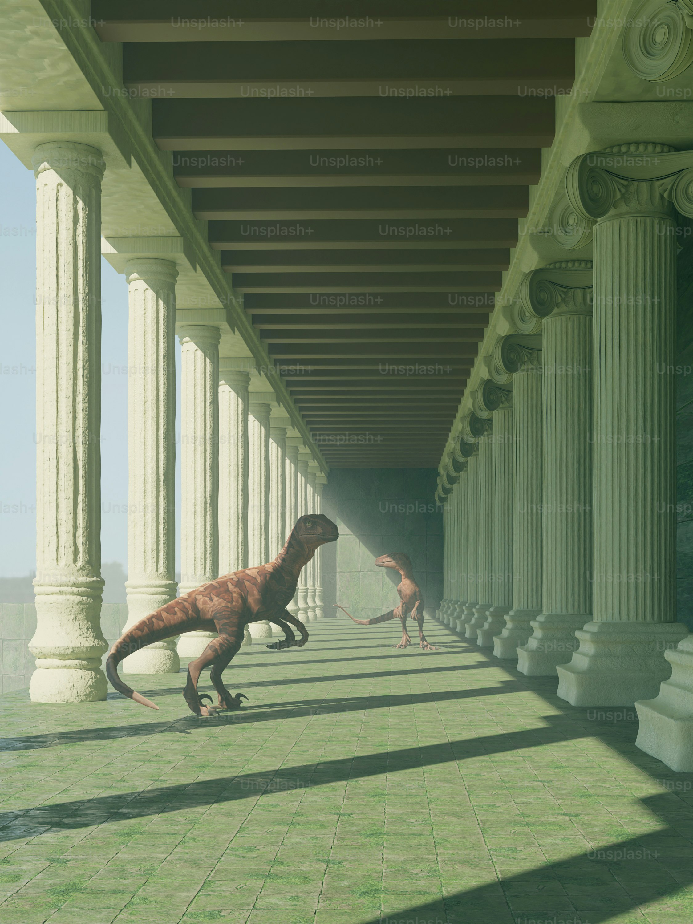 Dinossauros vagam por uma colunata antiga. foto – Imagem sobre ...