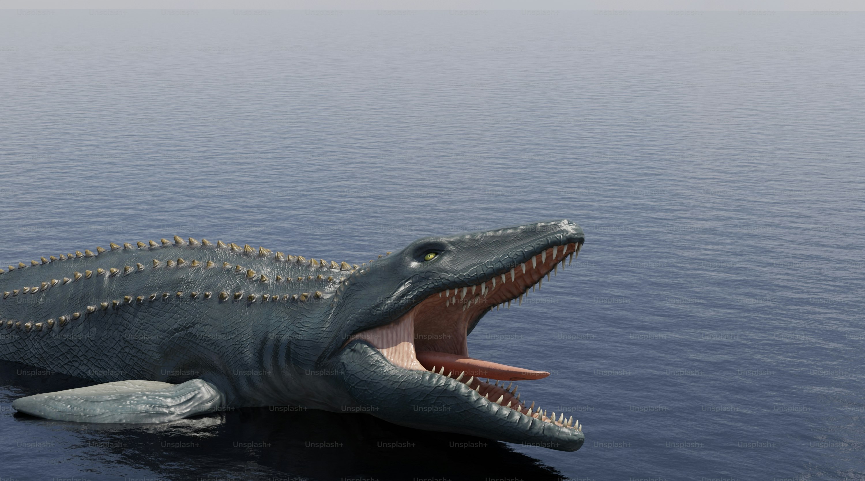 A mosasaur swims in the calm ocean water. photo – 3d render Image on ...