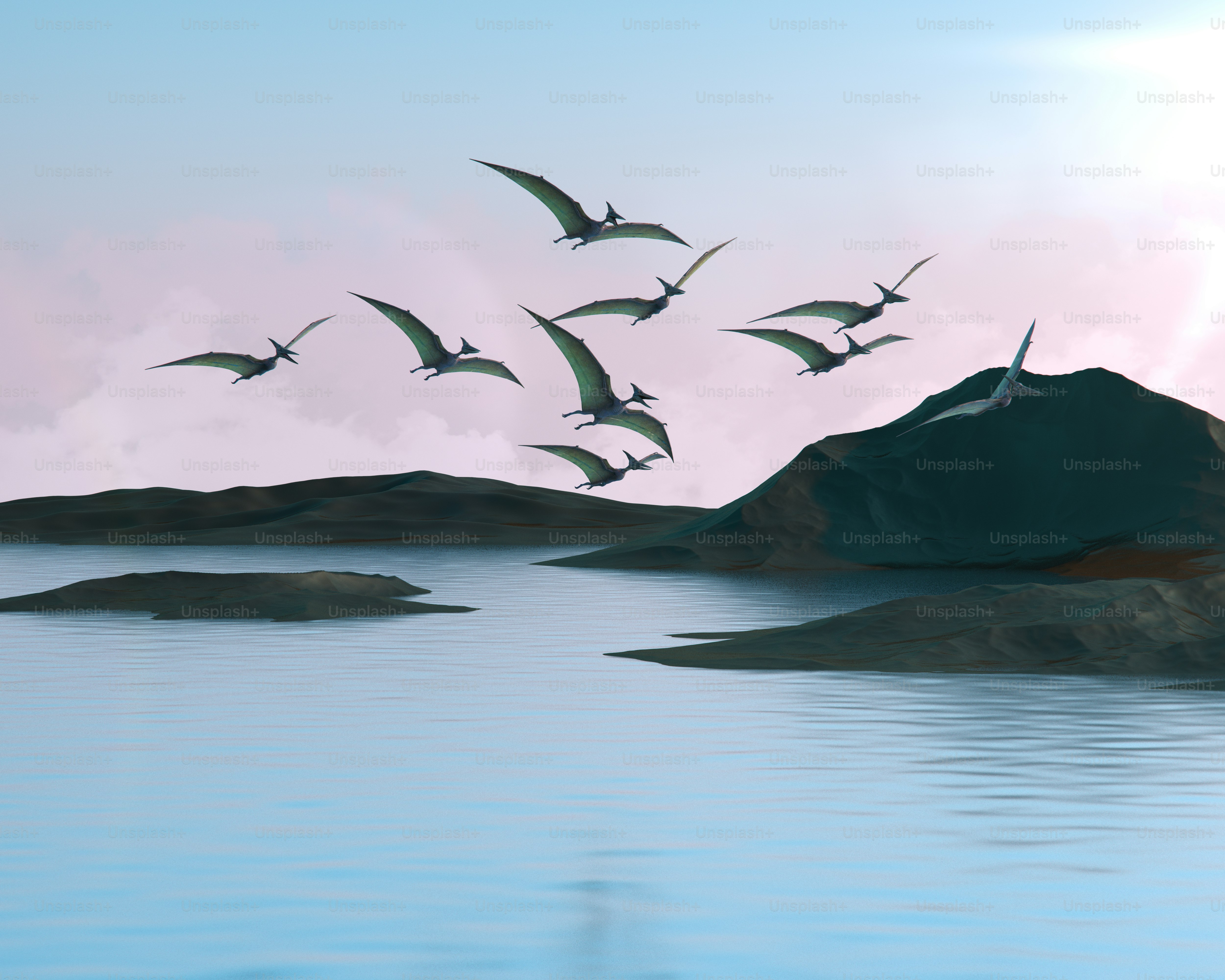 Pterodactyls soaring over water toward distant land. photo – 3d render ...