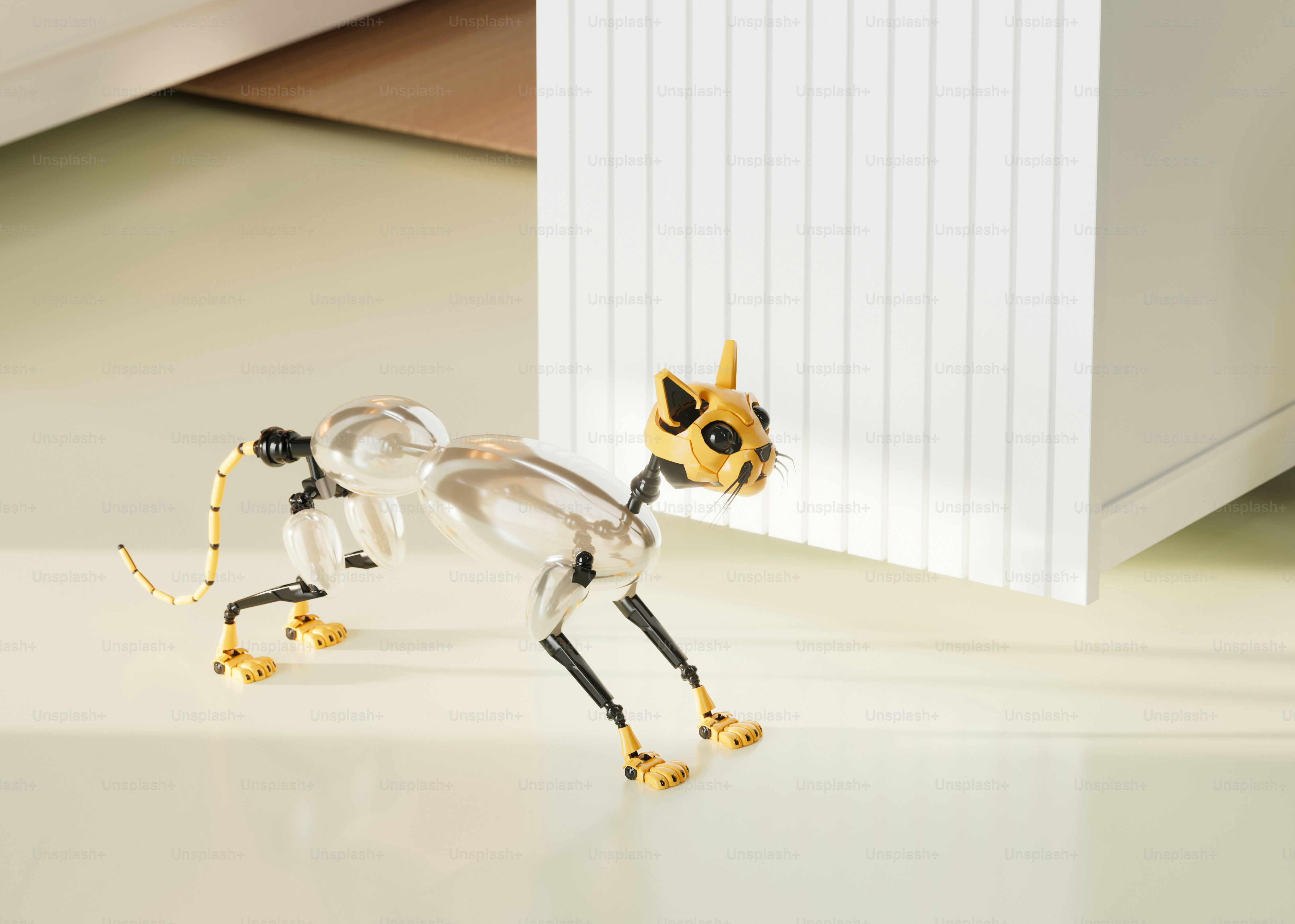A robotic cat walks near a white surface. photo – 3d render Image on ...