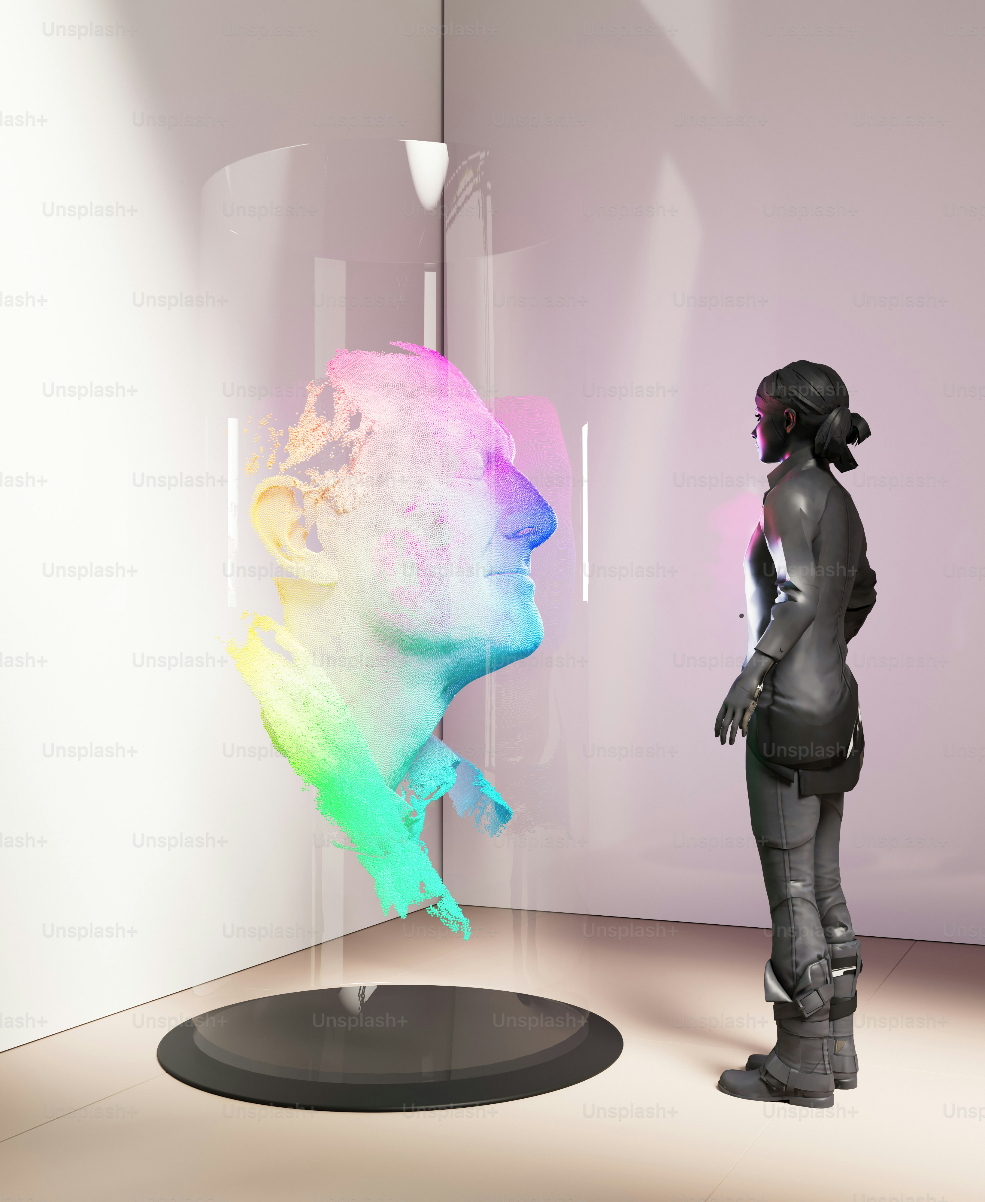 Woman observes a colorful holographic head. photo – Human Image on Unsplash