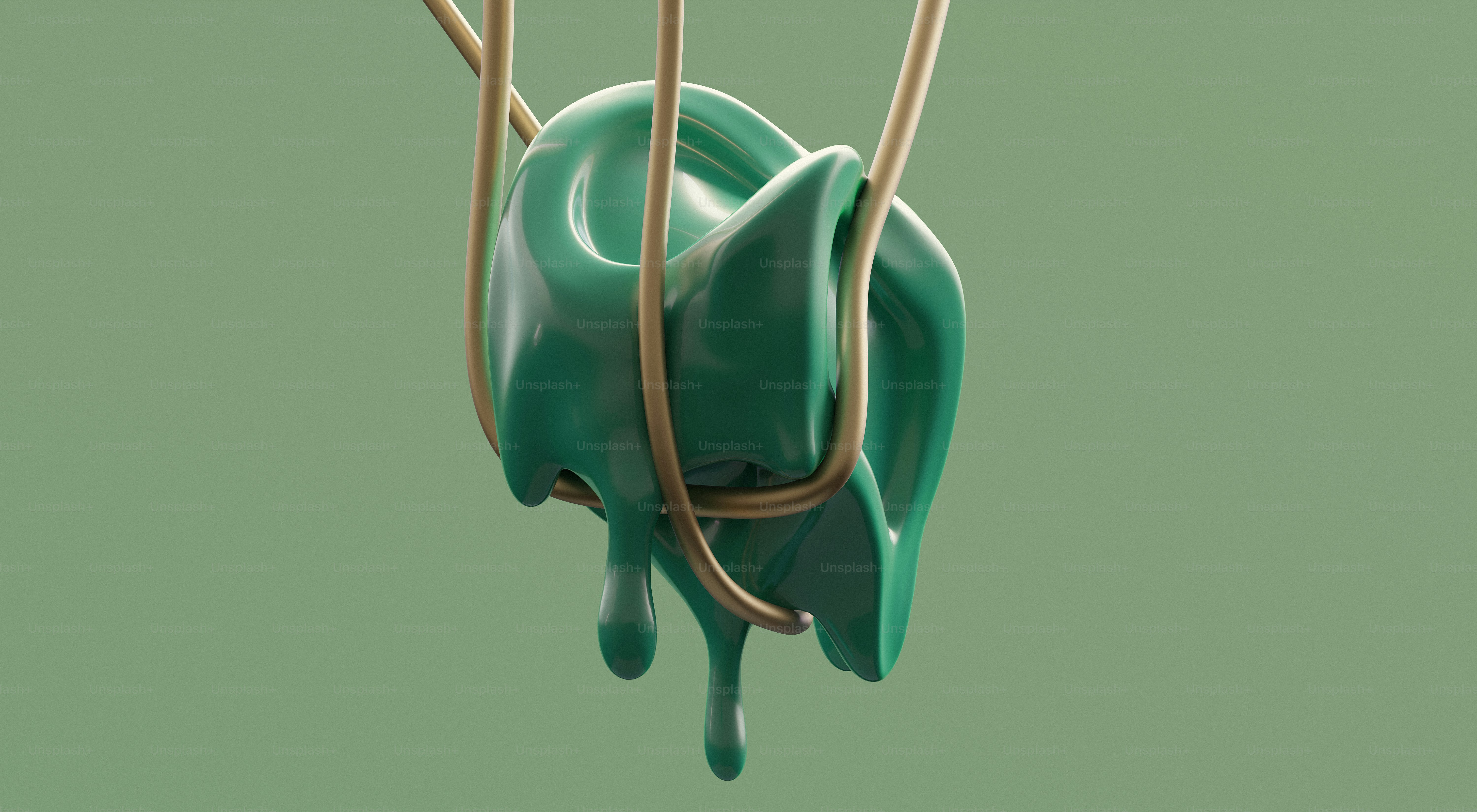Green paint drips from a golden wire structure. photo – 3d render Image ...