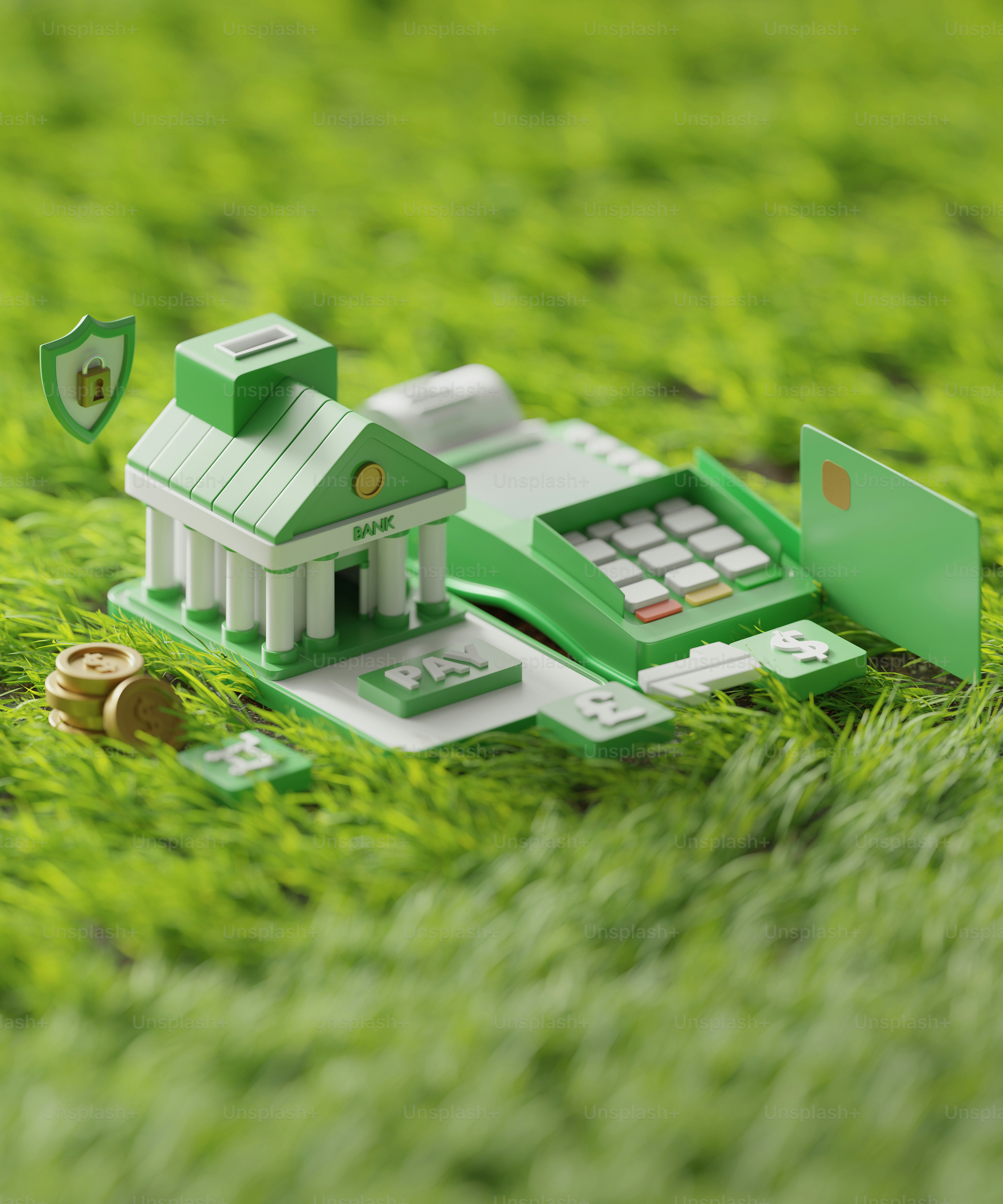 Banking and payment icons in green on grass. photo – Green Image on ...