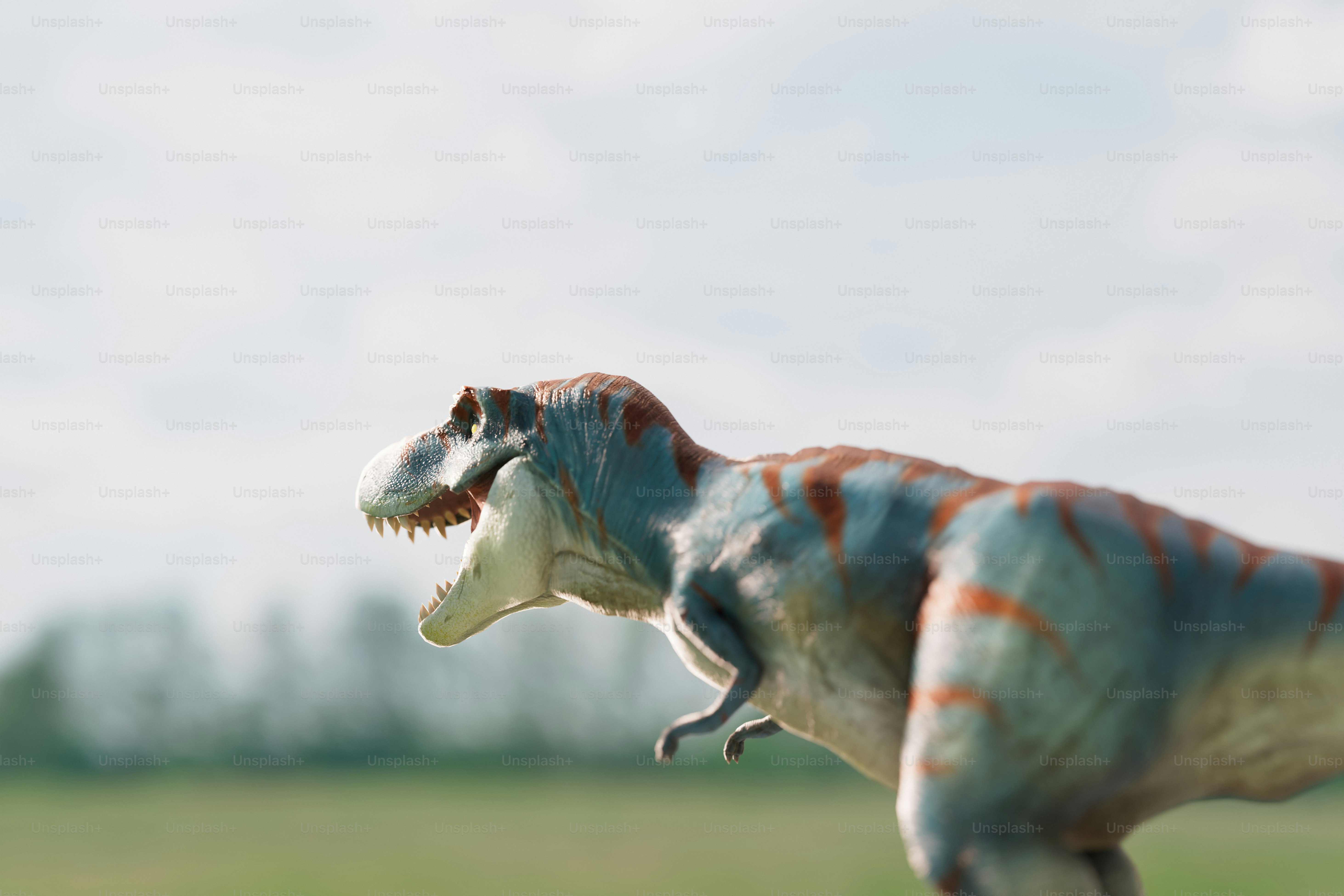 A t-rex dinosaur stands in a field. photo – 3d render Image on Unsplash