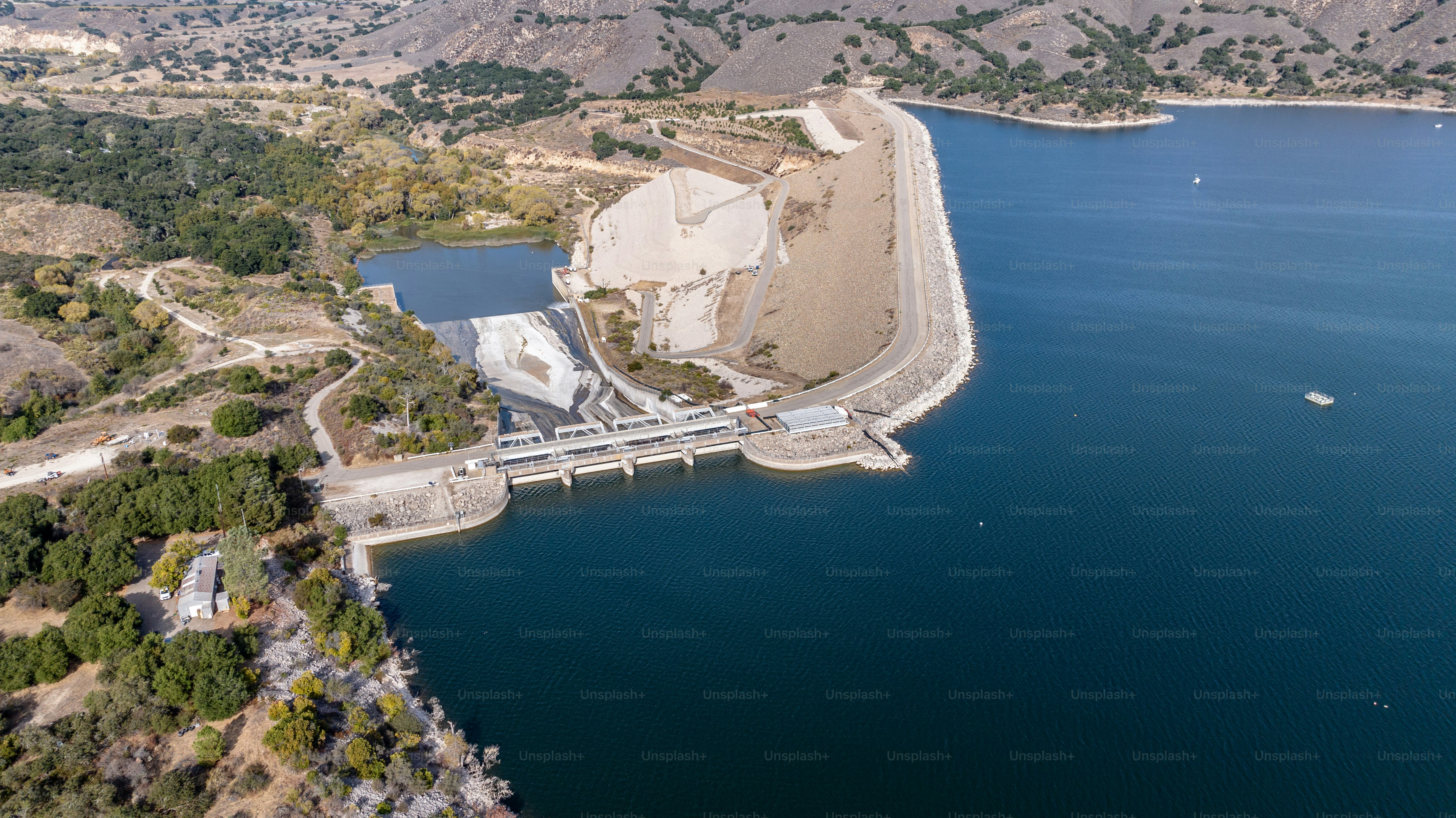 Aerial photo of Cachuma Lake in California and the Bradbury Dam ...