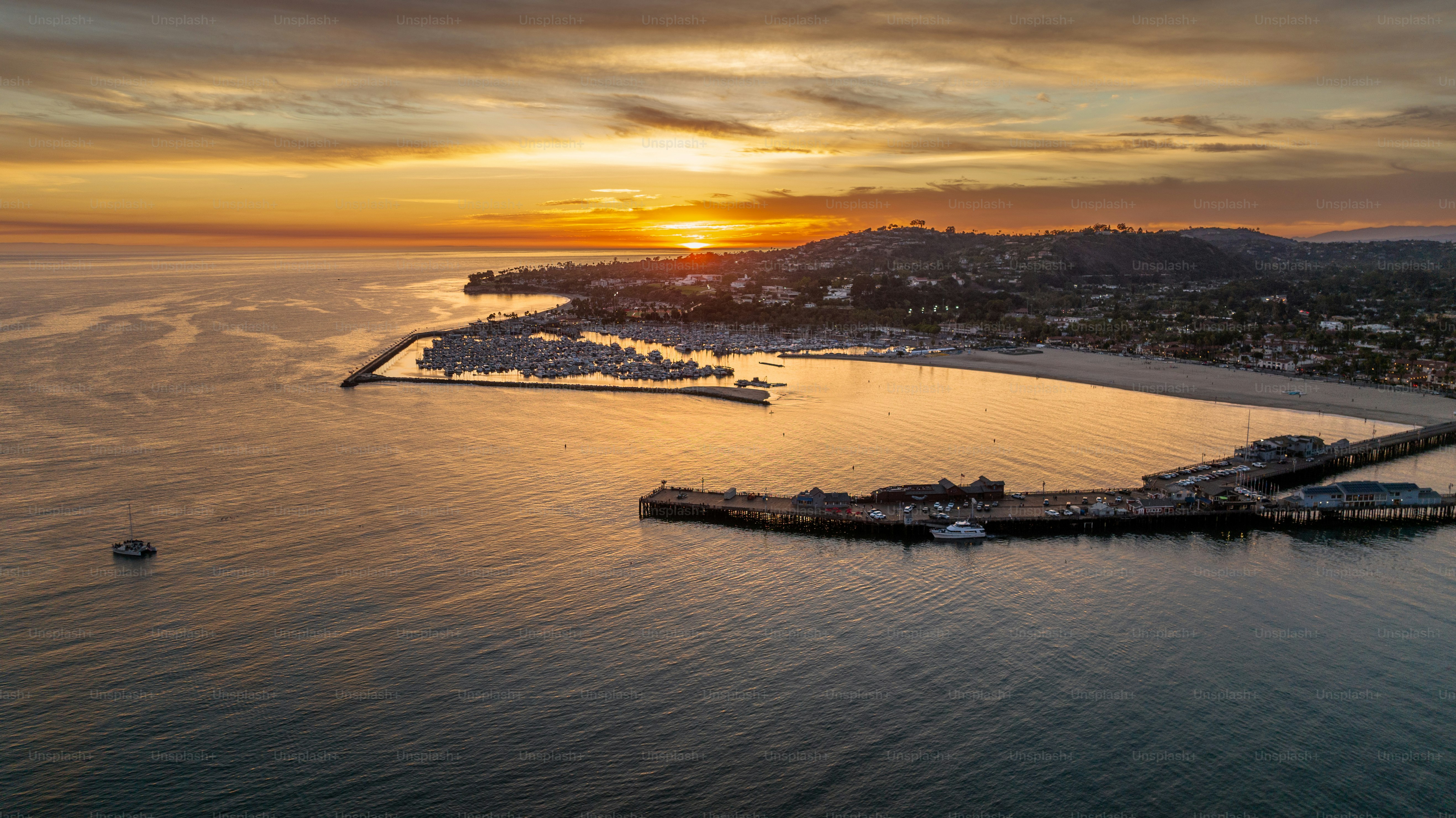 Aerial view of Santa Barbara as the sun sets. Santa Barbara is the ...