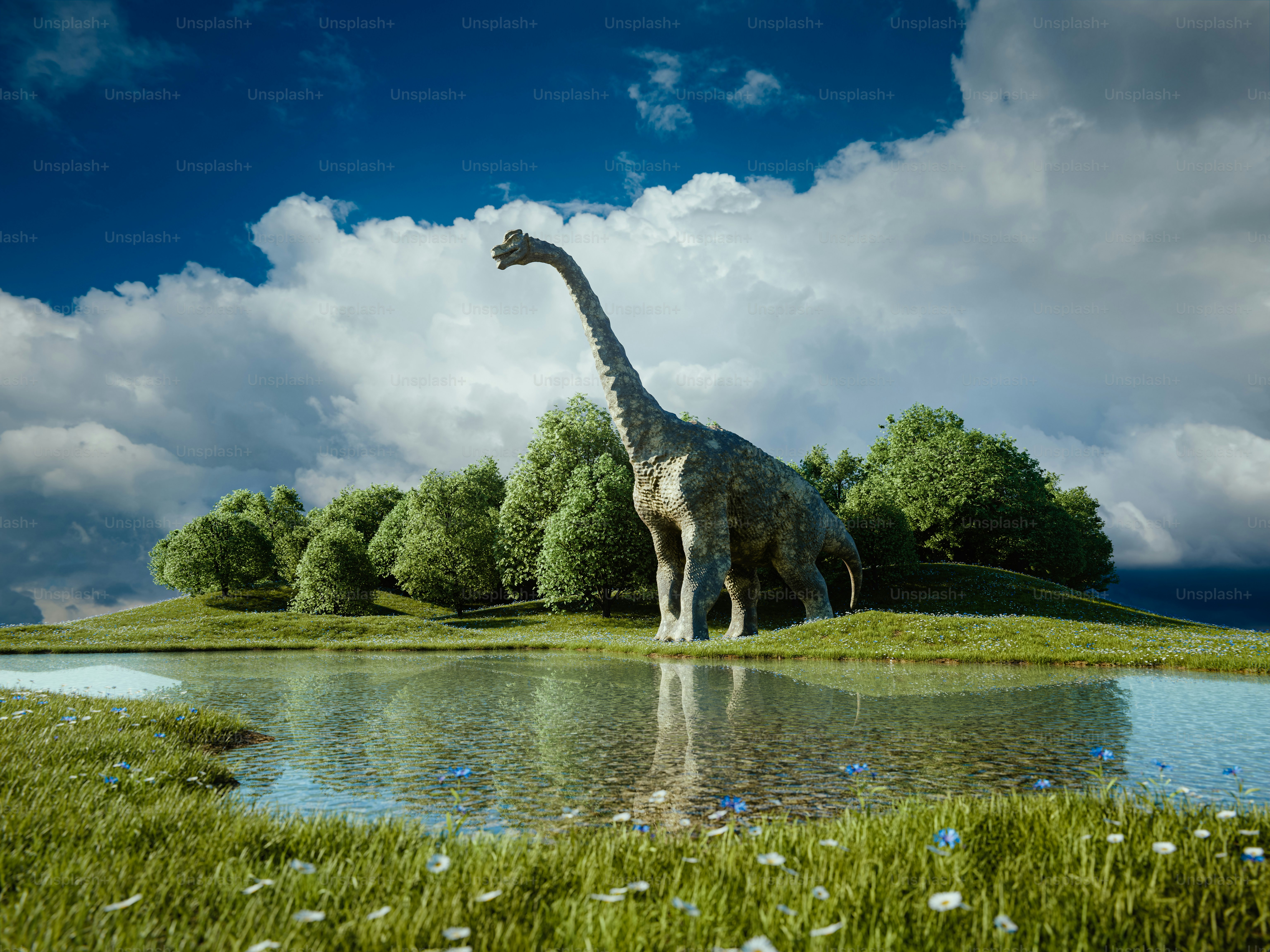 A brachiosaurus stands near a lake under a blue sky. photo – Wallpaper ...