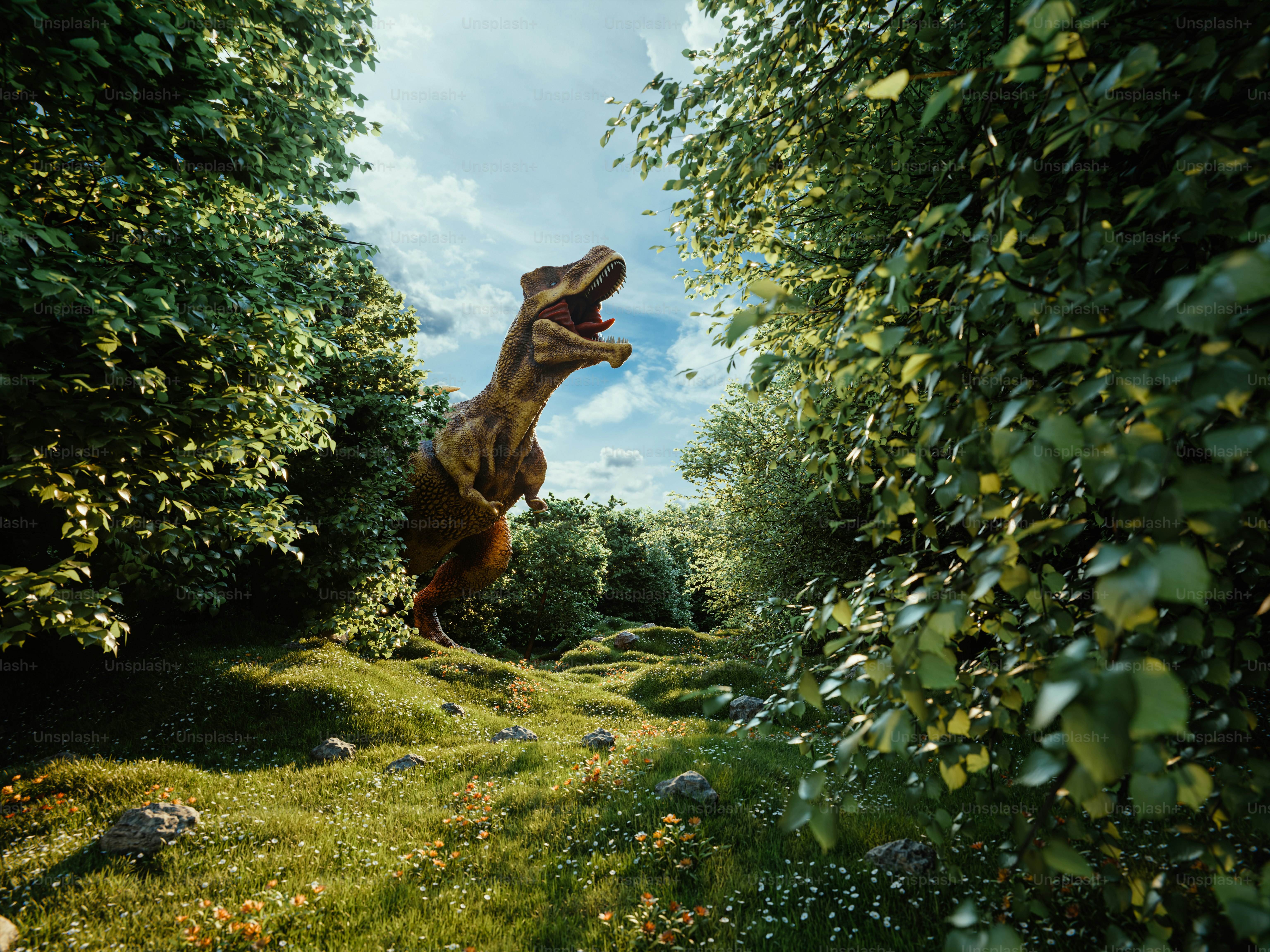 A tyrannosaurus rex roars in a forest. photo – Wallpaper Image on Unsplash