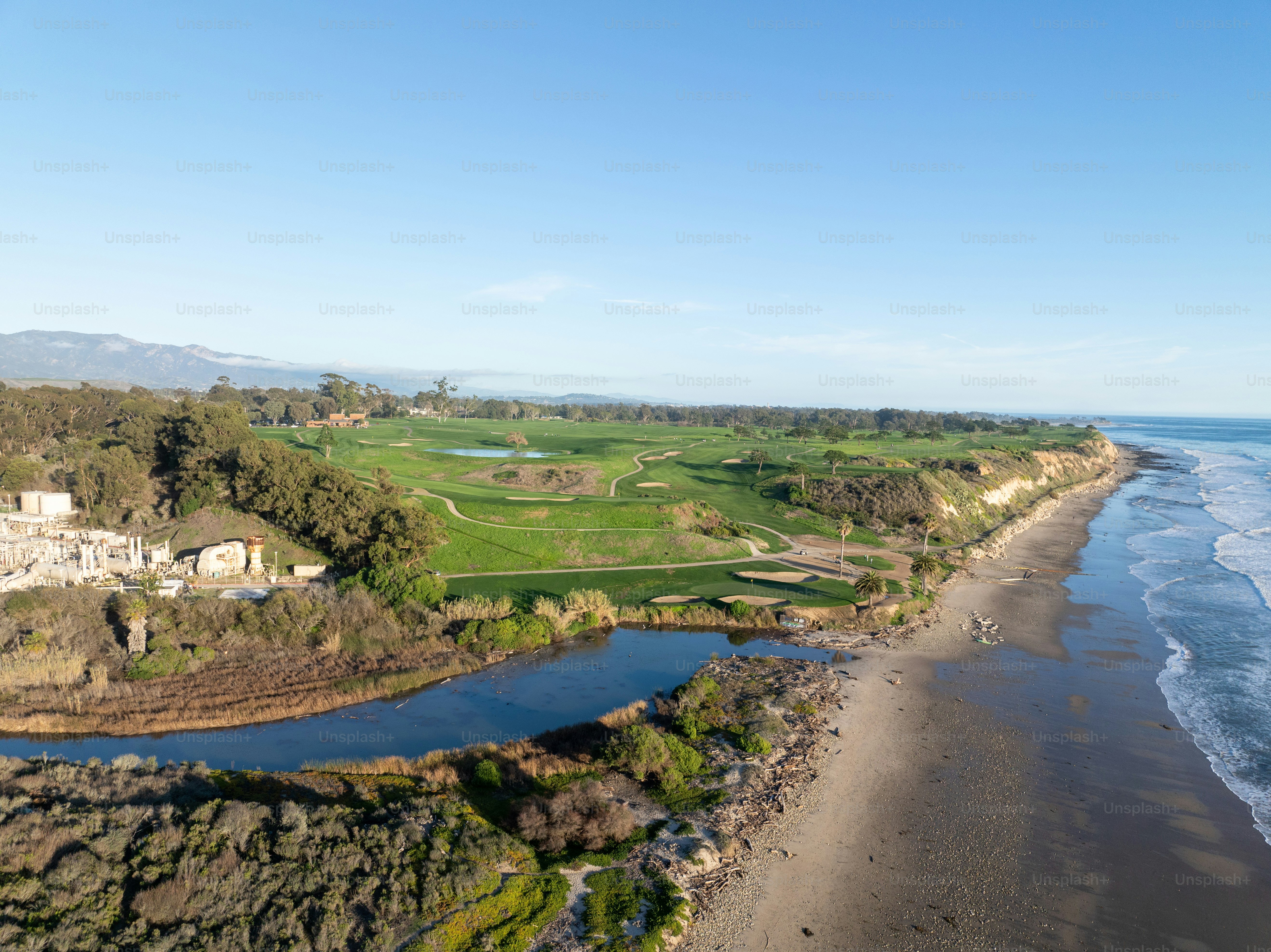 Aerial view of the cliff and beach with ocean in Santa Barbara ...