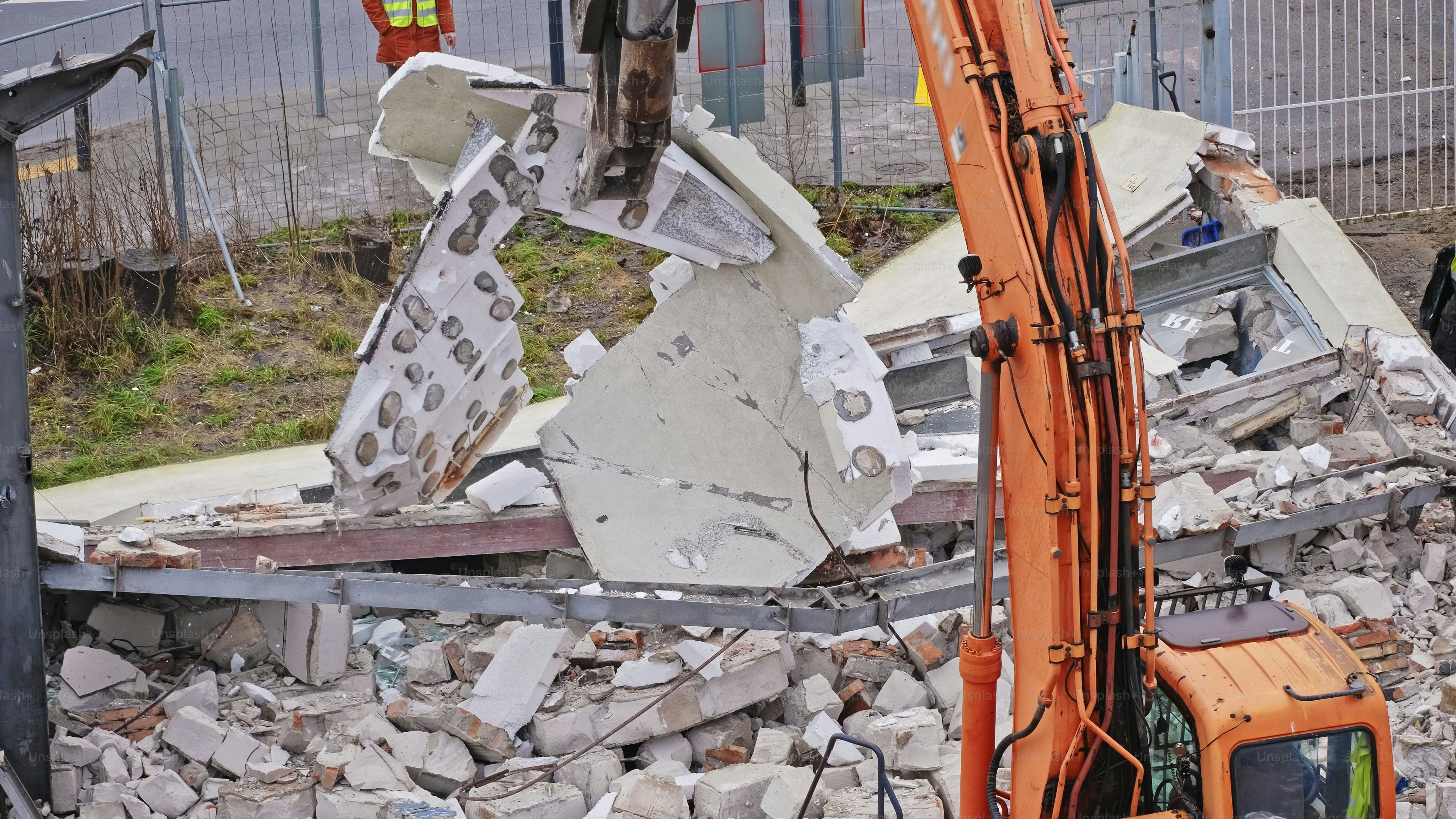 Industrial Crane Tearing Down Buidling Wall Dismantling Structure at ...