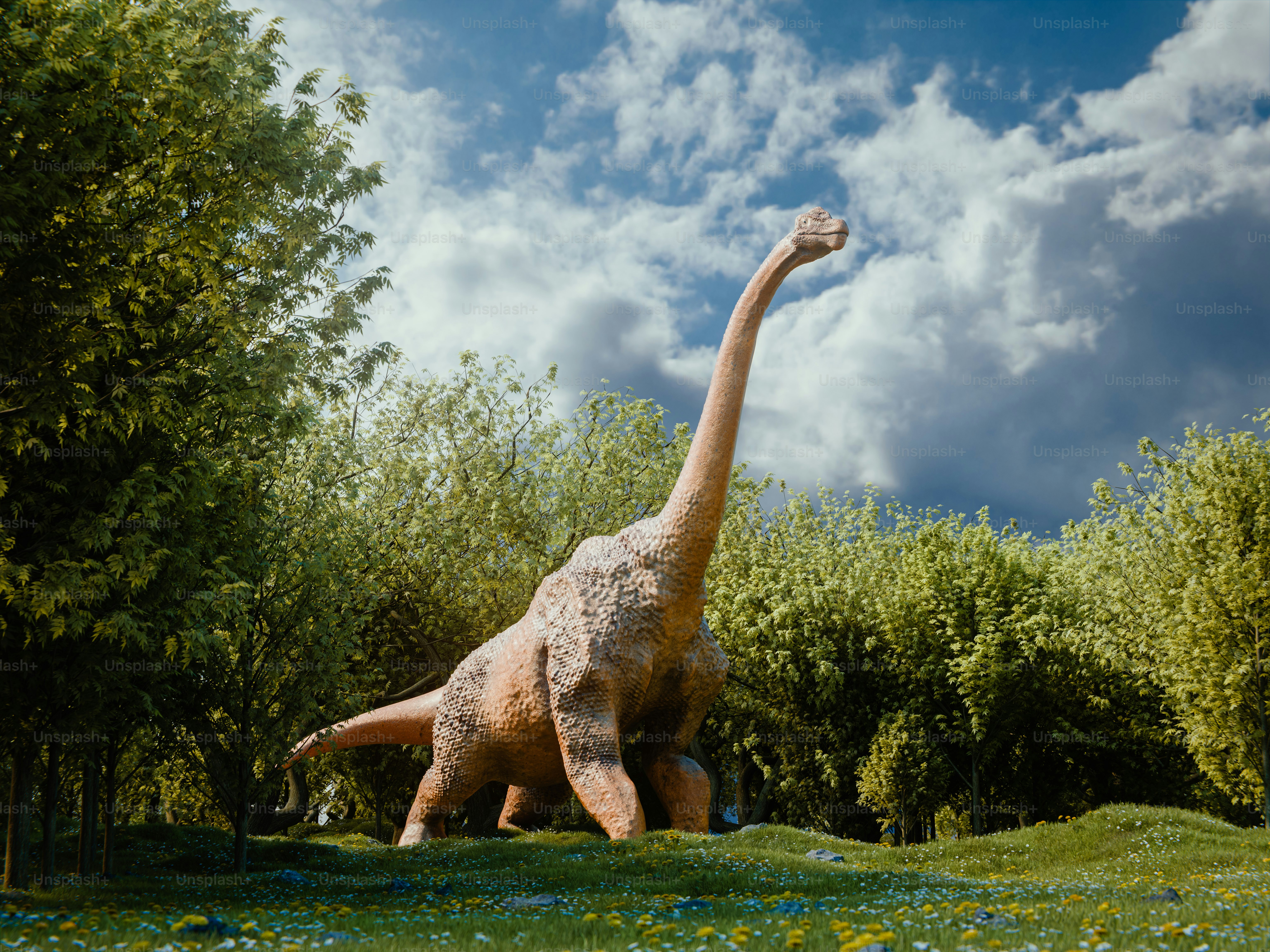 A brachiosaurus stands in a sunny field. photo – Wallpaper Image on ...