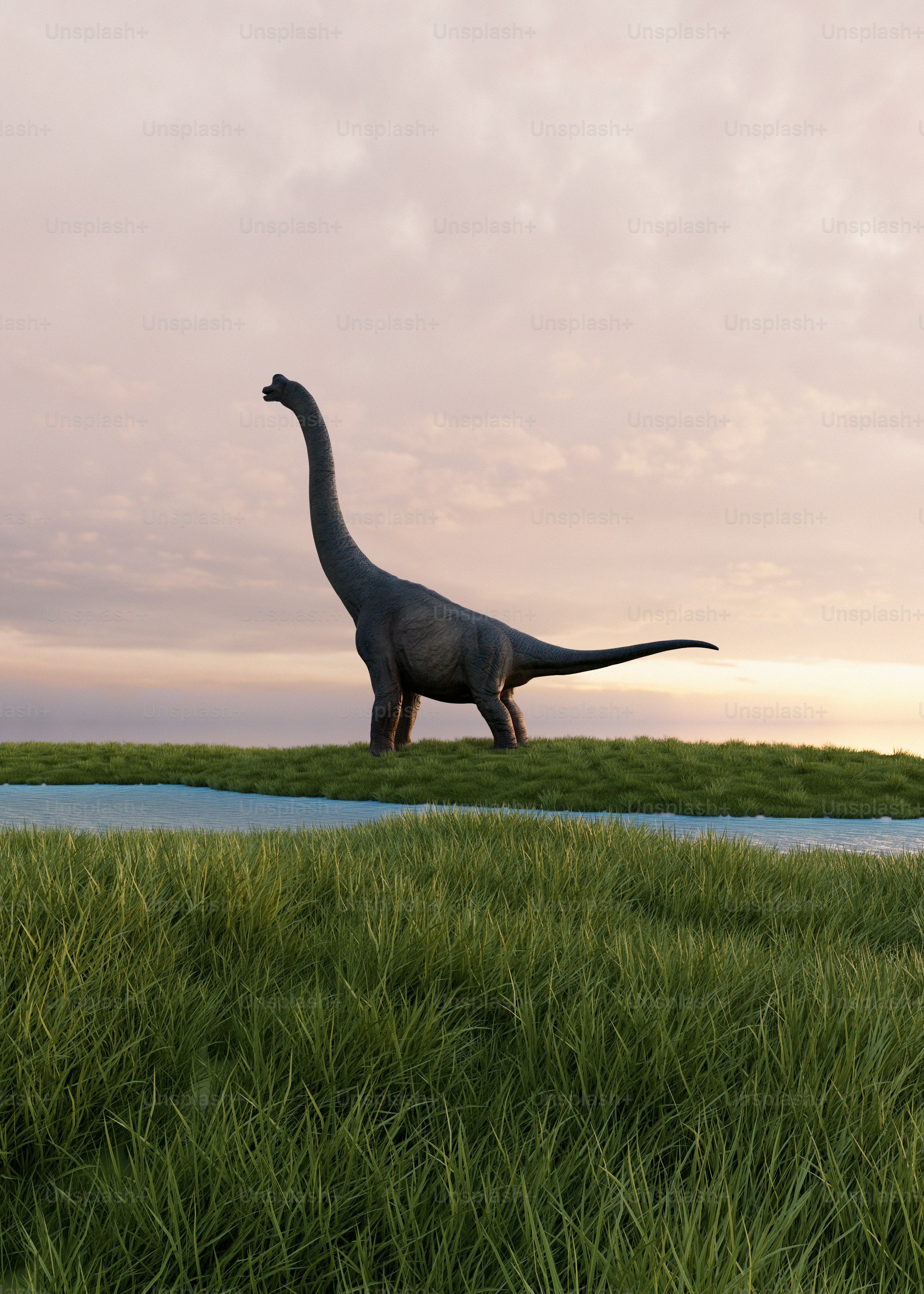 A brachiosaurus dinosaur standing in grassy plains. photo – 3d render ...