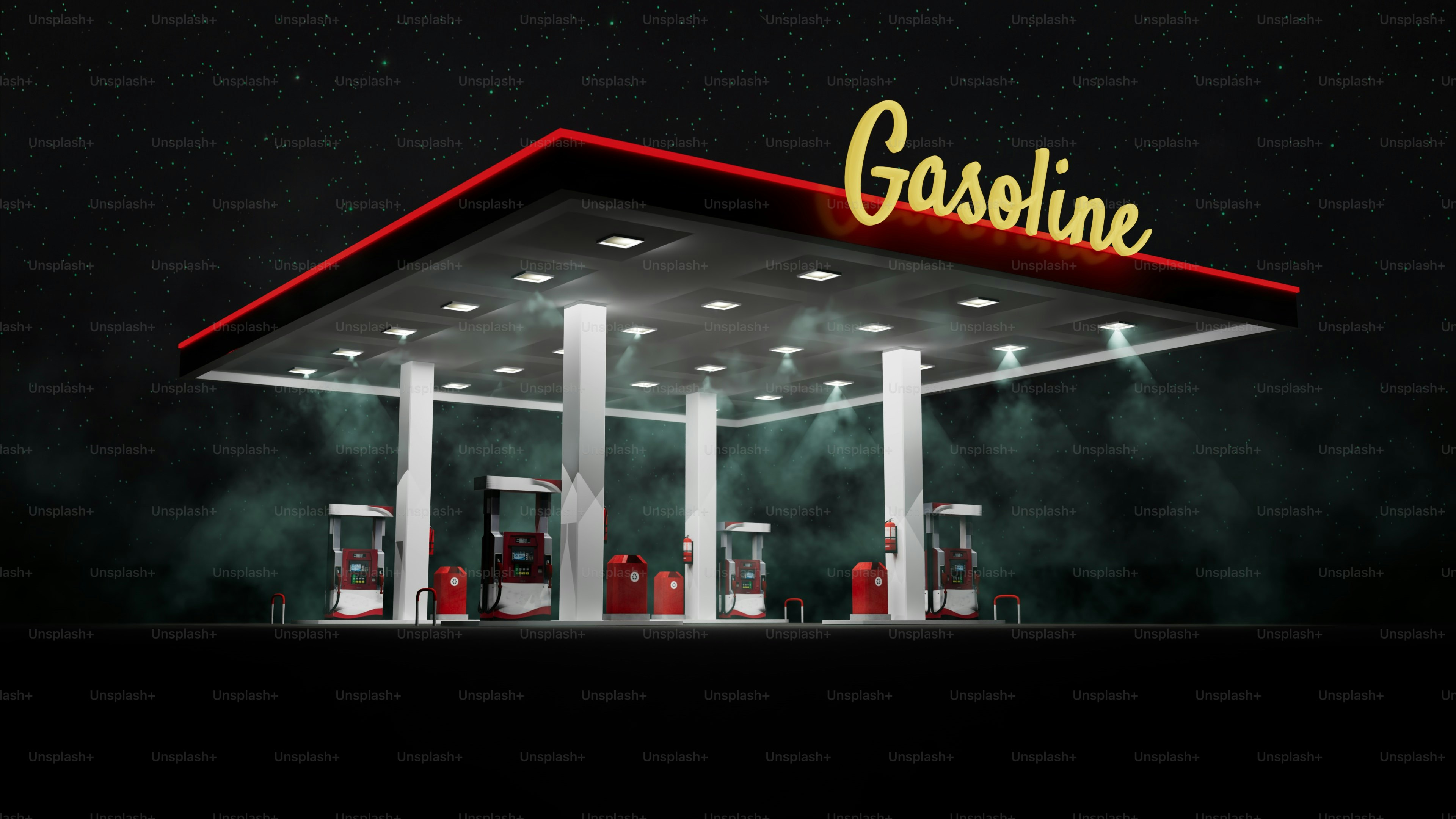 A gas station is lit against a dark background. photo – 3d render Image ...