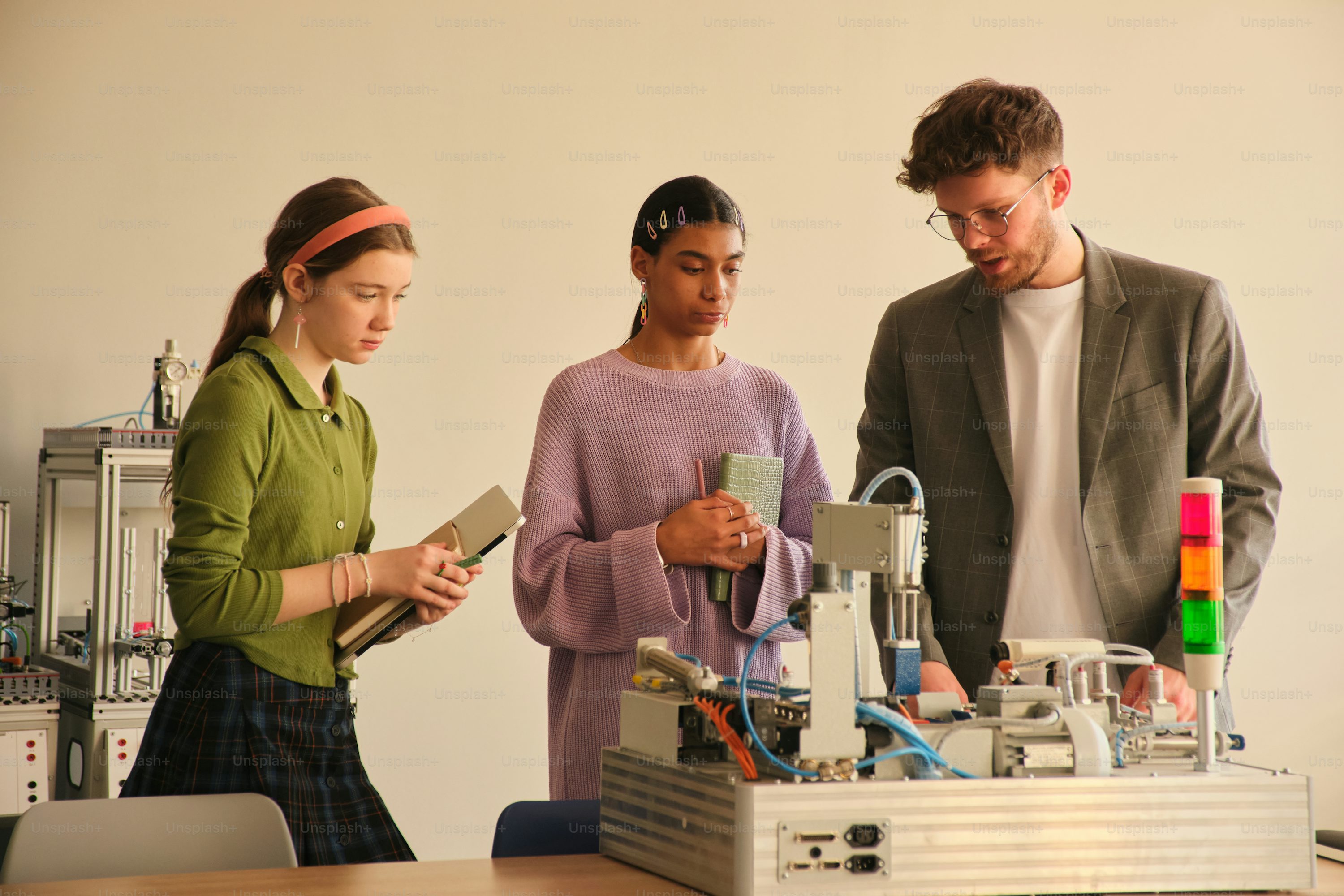 Two students work together on a complex machine. photo – Technology ... Two students work together on a complex machine. photo – Technology ...