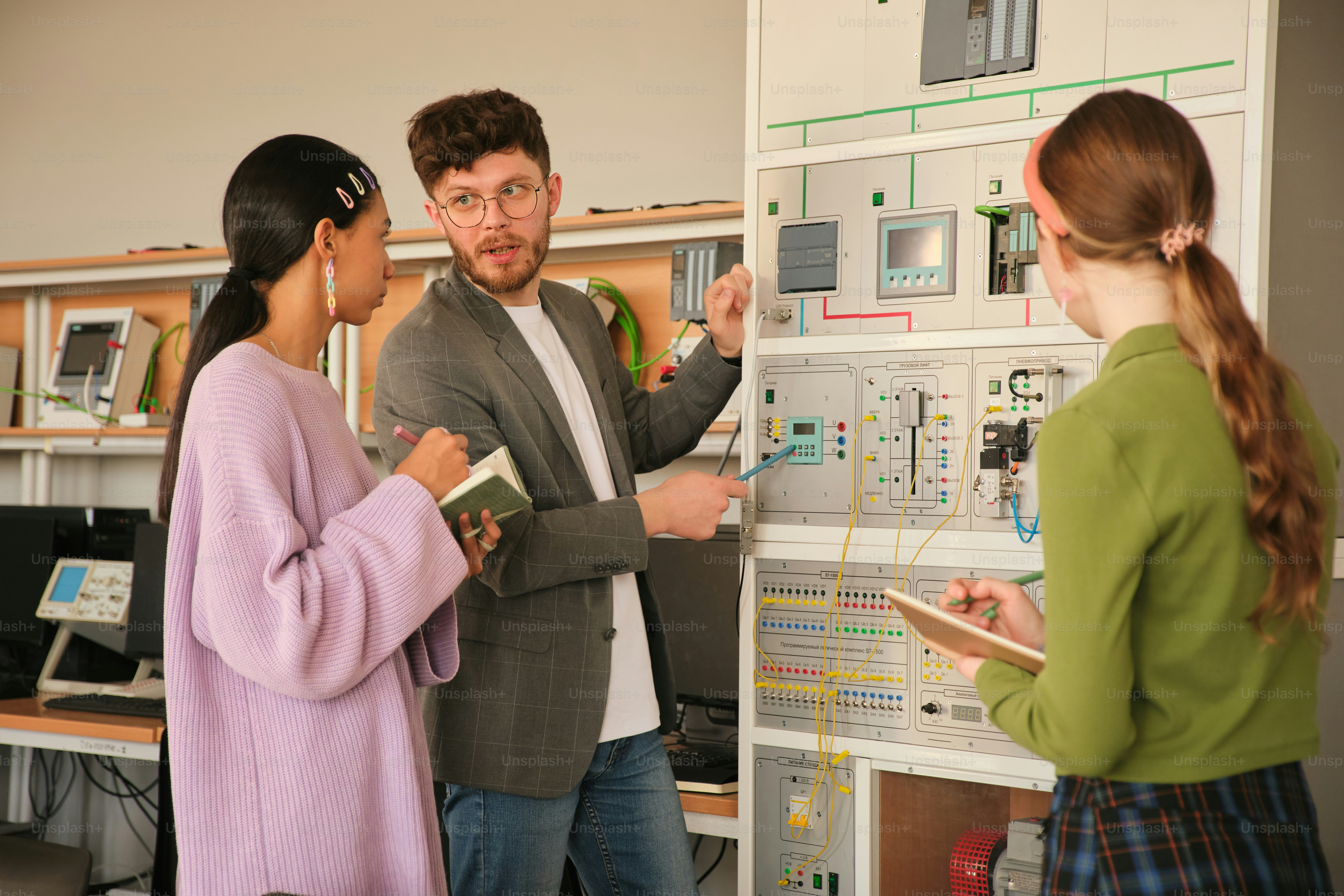 Students and instructor examining an electrical panel. photo ...