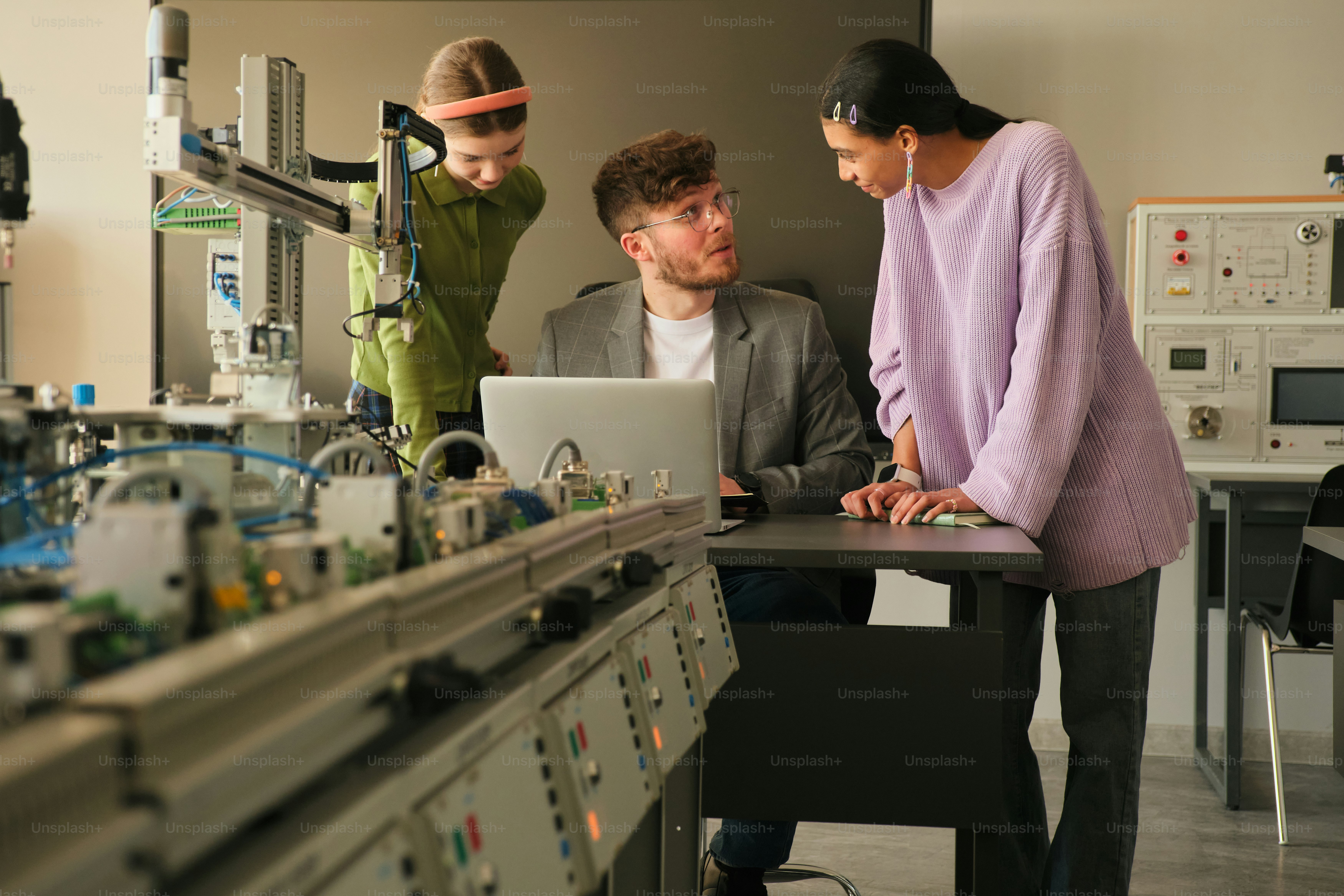 Students and instructor collaborate over a computer. photo – Technology ...