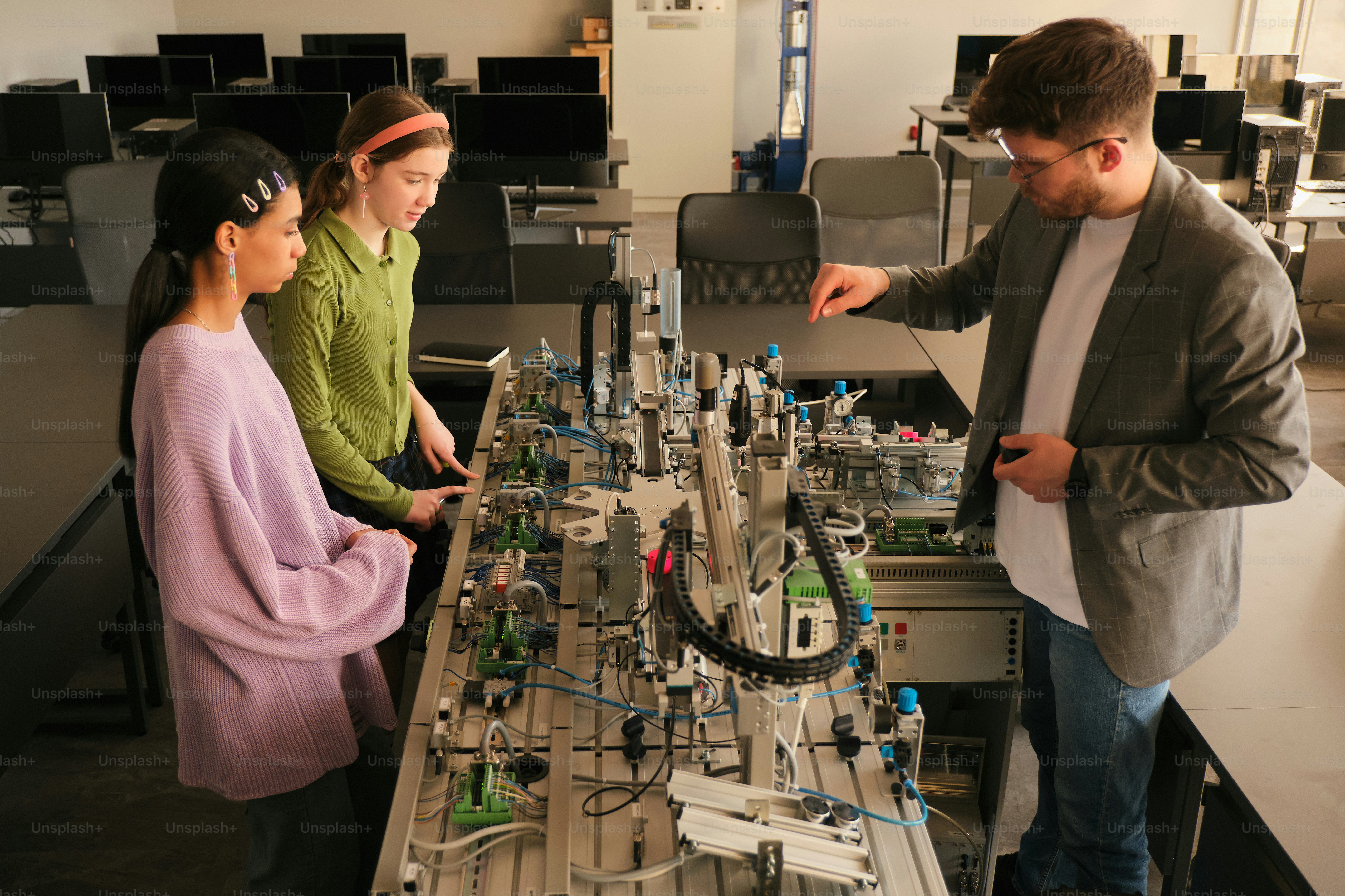 Students learn about technology with a teacher. photo – Technology ...