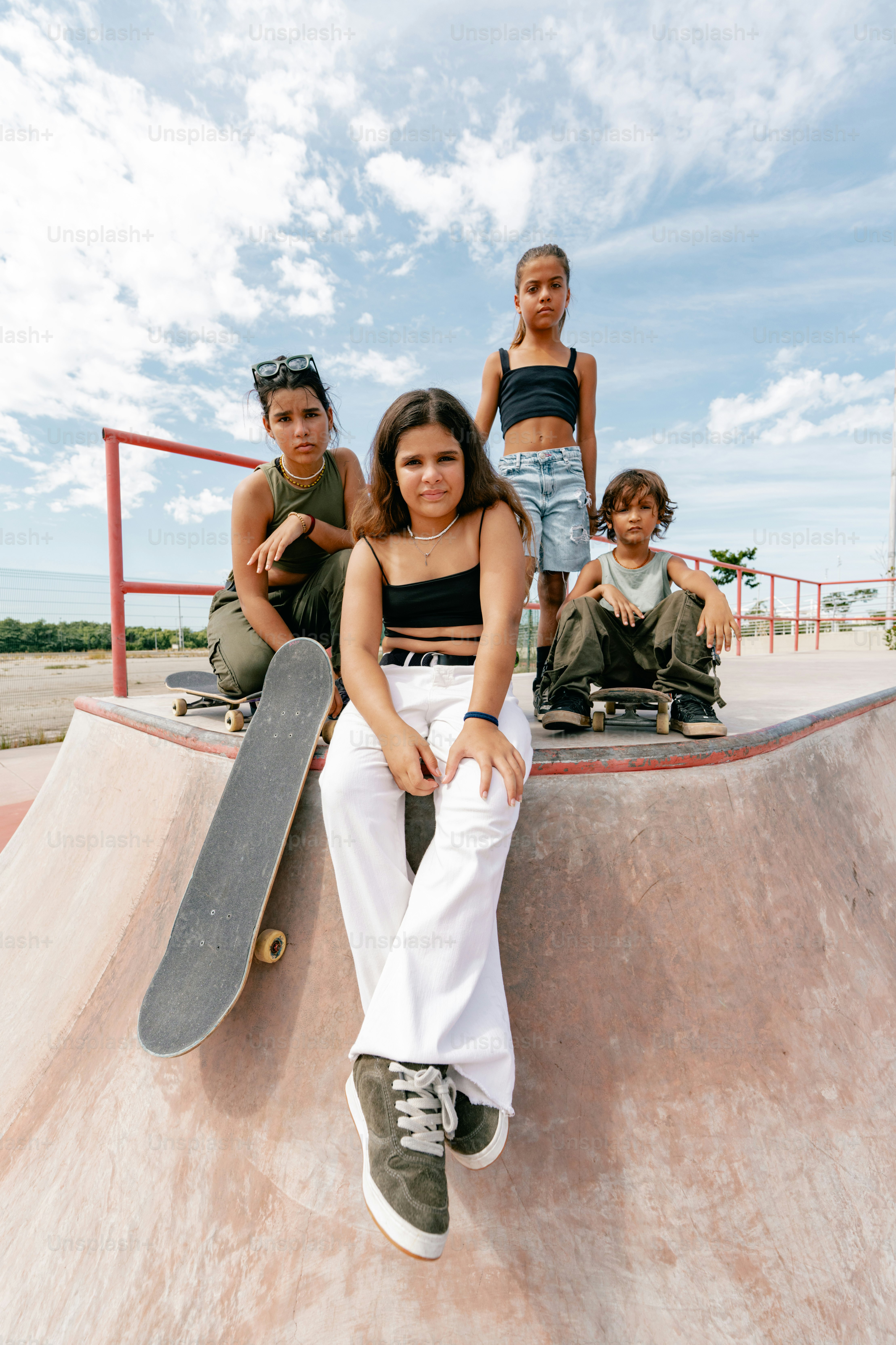 A group of kids pose at a skatepark. photo – Urban Image on Unsplash