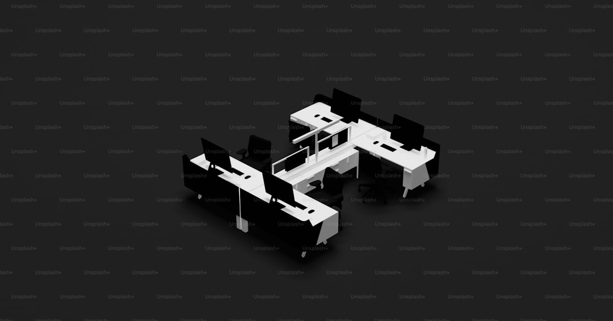 책상과 컴퓨터가 있는 현대적인 사무실 공간입니다 사진 Unsplash의 3d 렌더 이미지