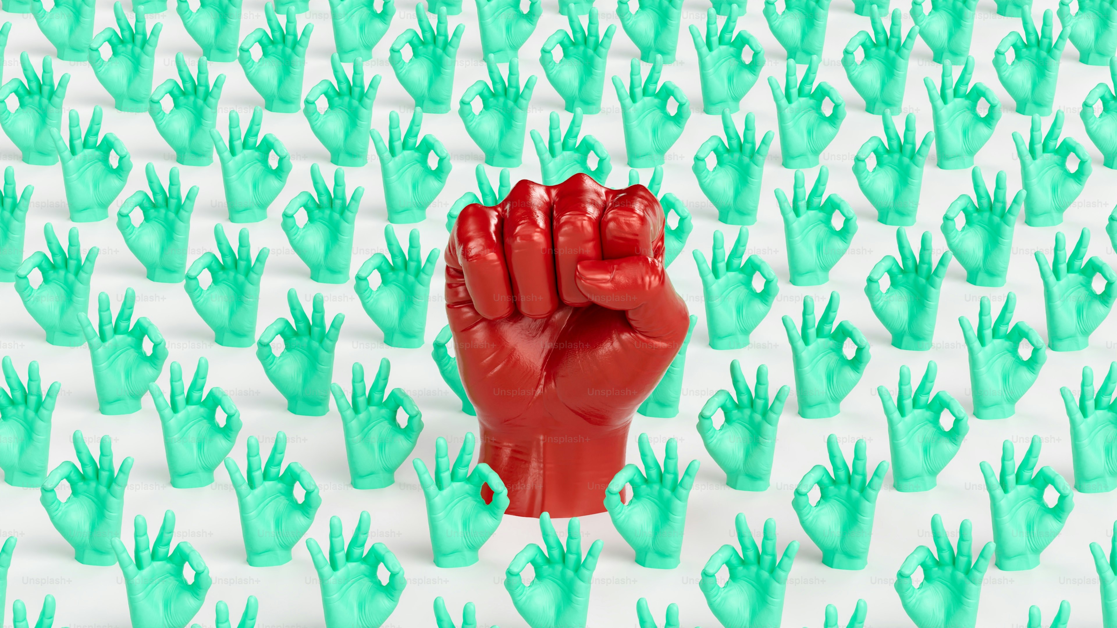 A red fist stands out among many green "okay" hands. photo – 3d render ...