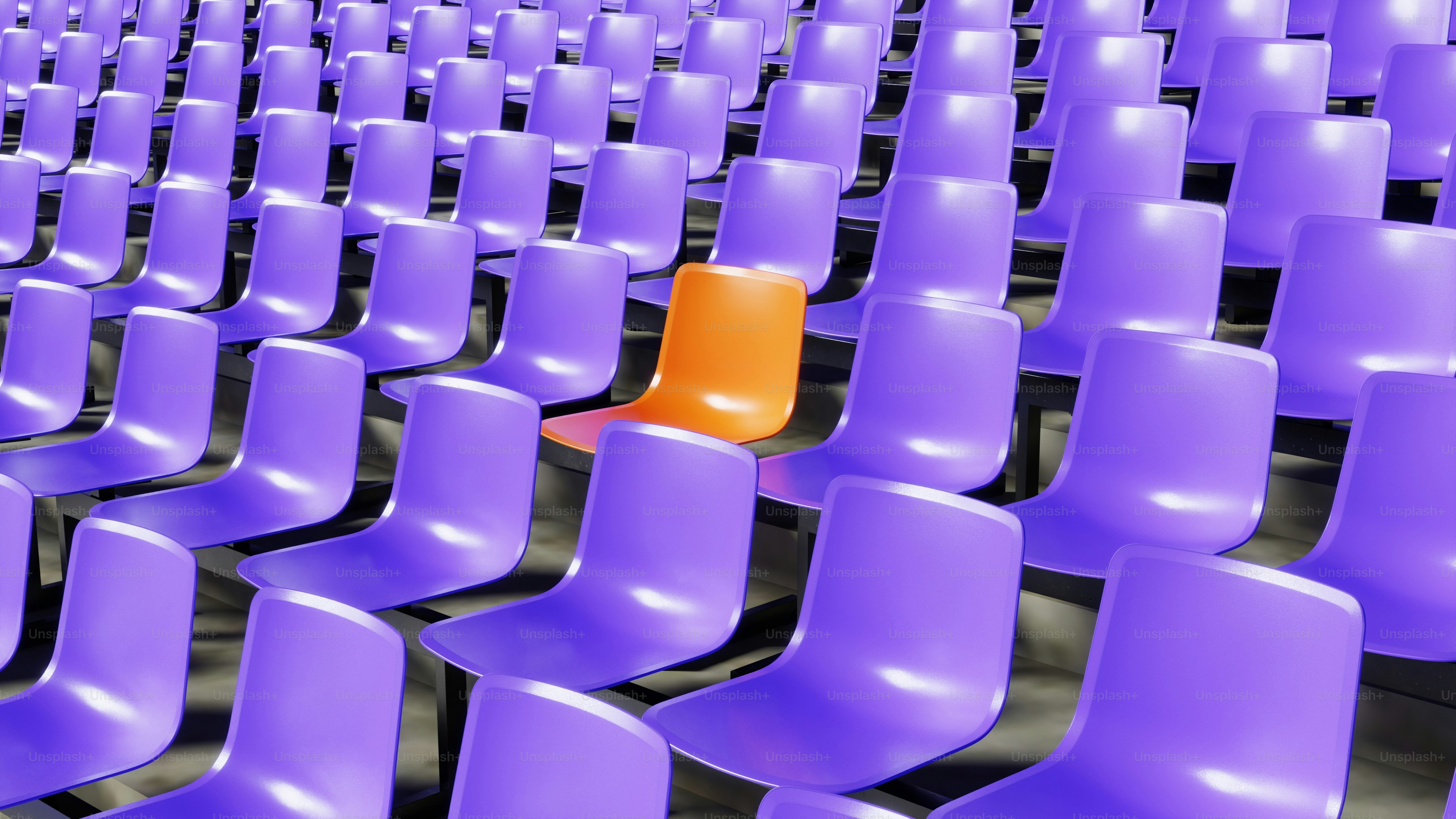 An orange chair stands out among purple ones. photo – 3d render Image ...