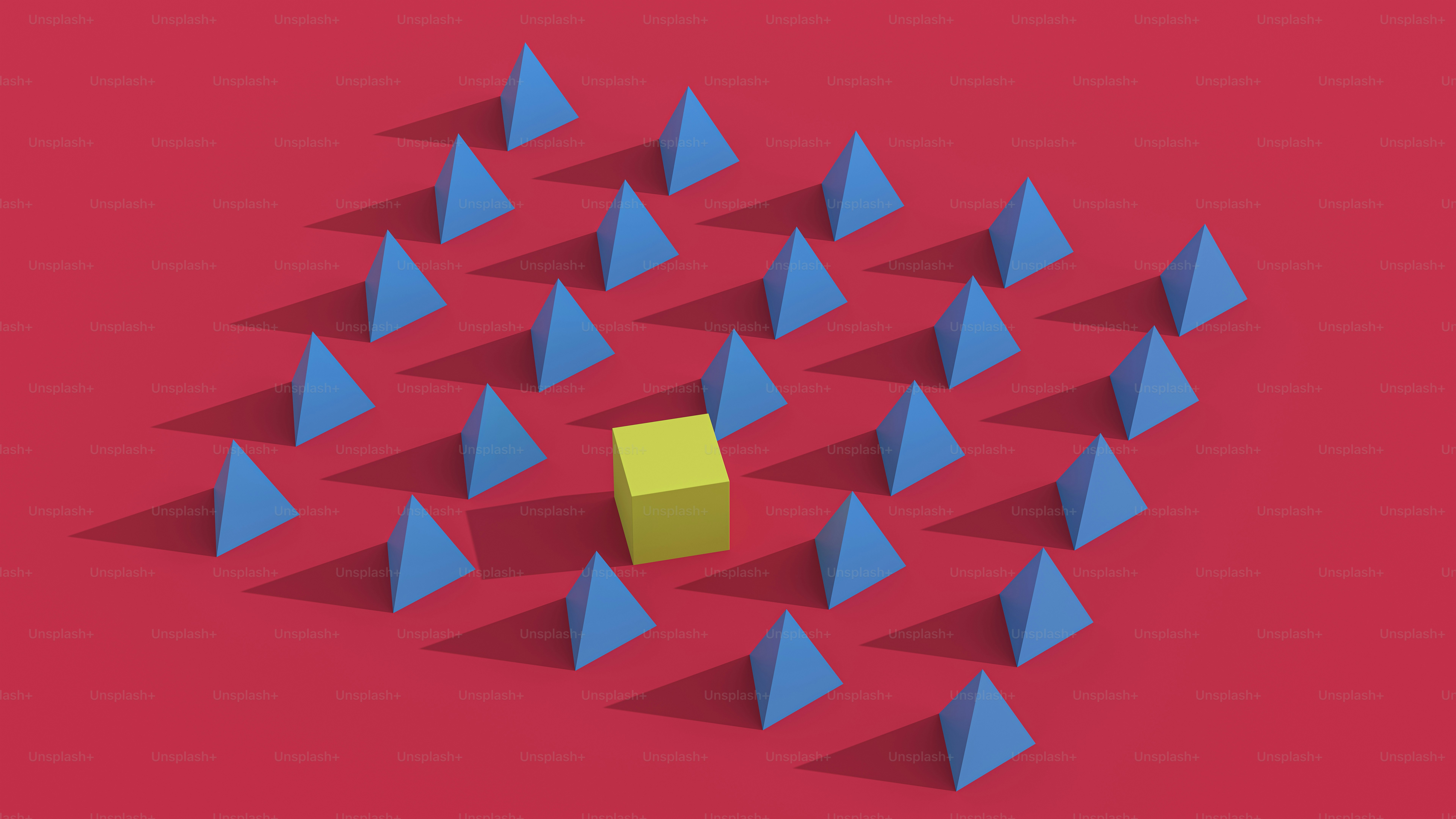 A yellow cube stands out amidst pyramids. photo – 3d render Image on ...