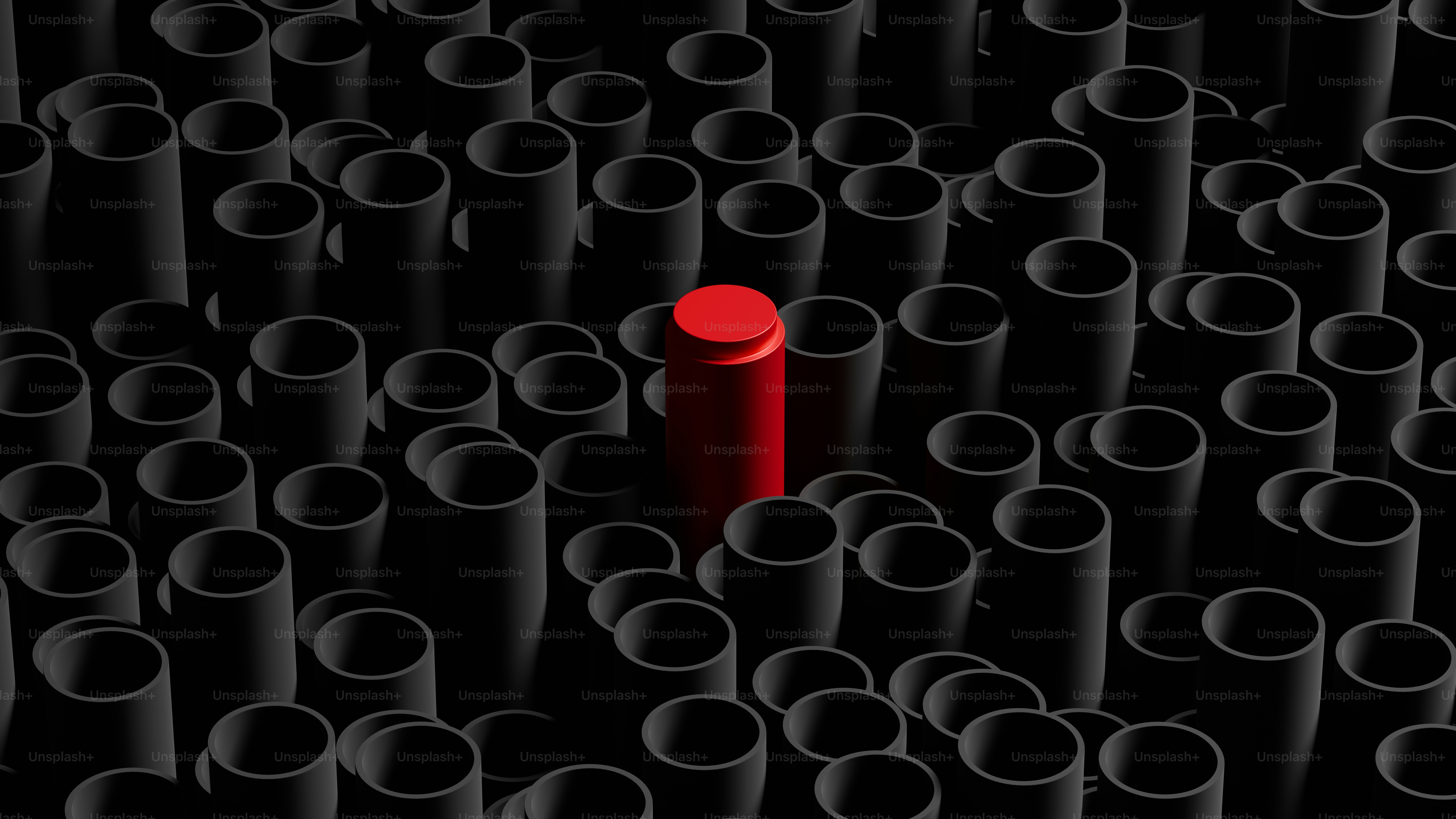 A red cylinder stands out from the crowd. photo – 3d render Image on ...