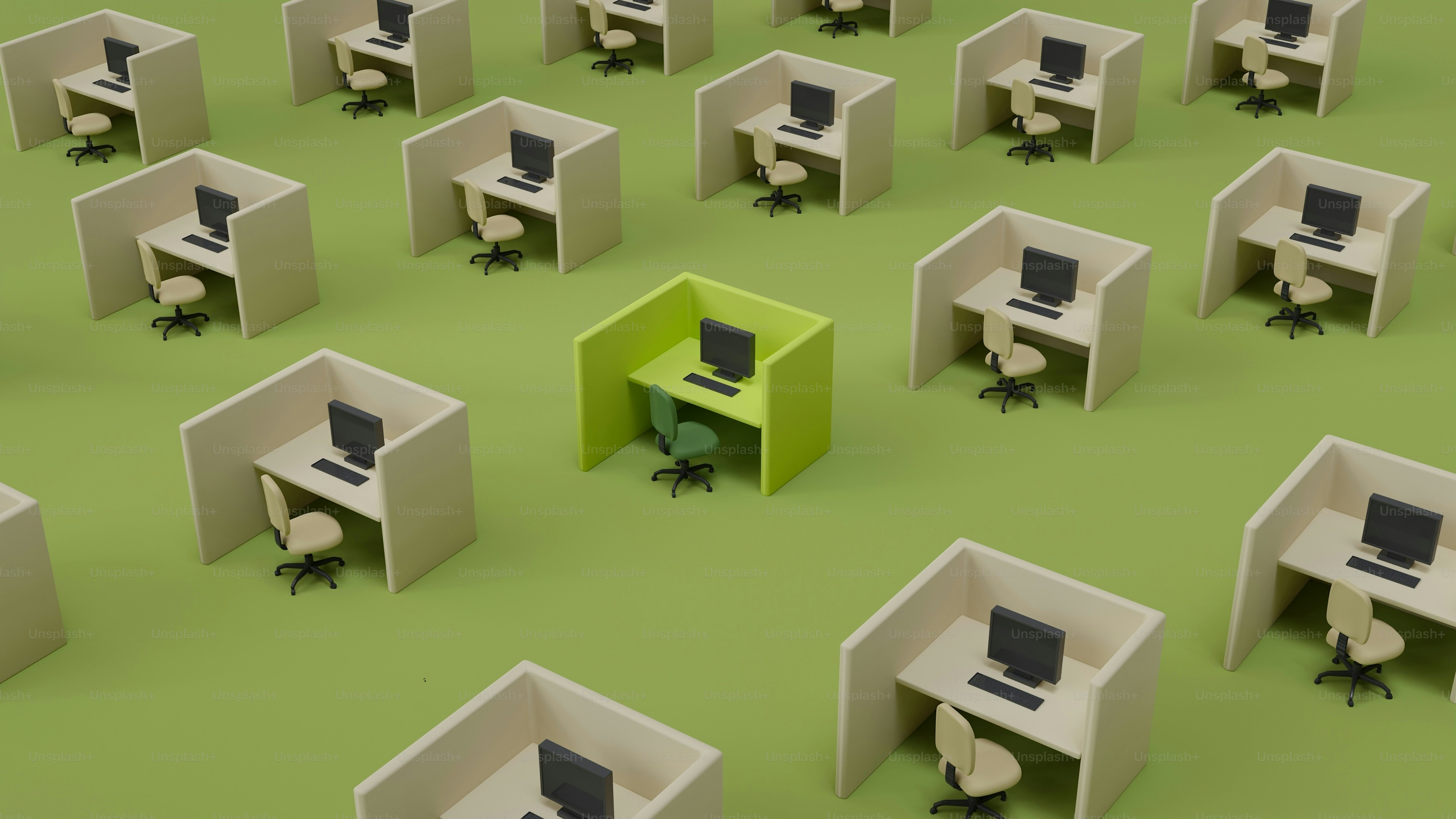 An office cubicle stands out in a field. photo – 3d render Image on ...