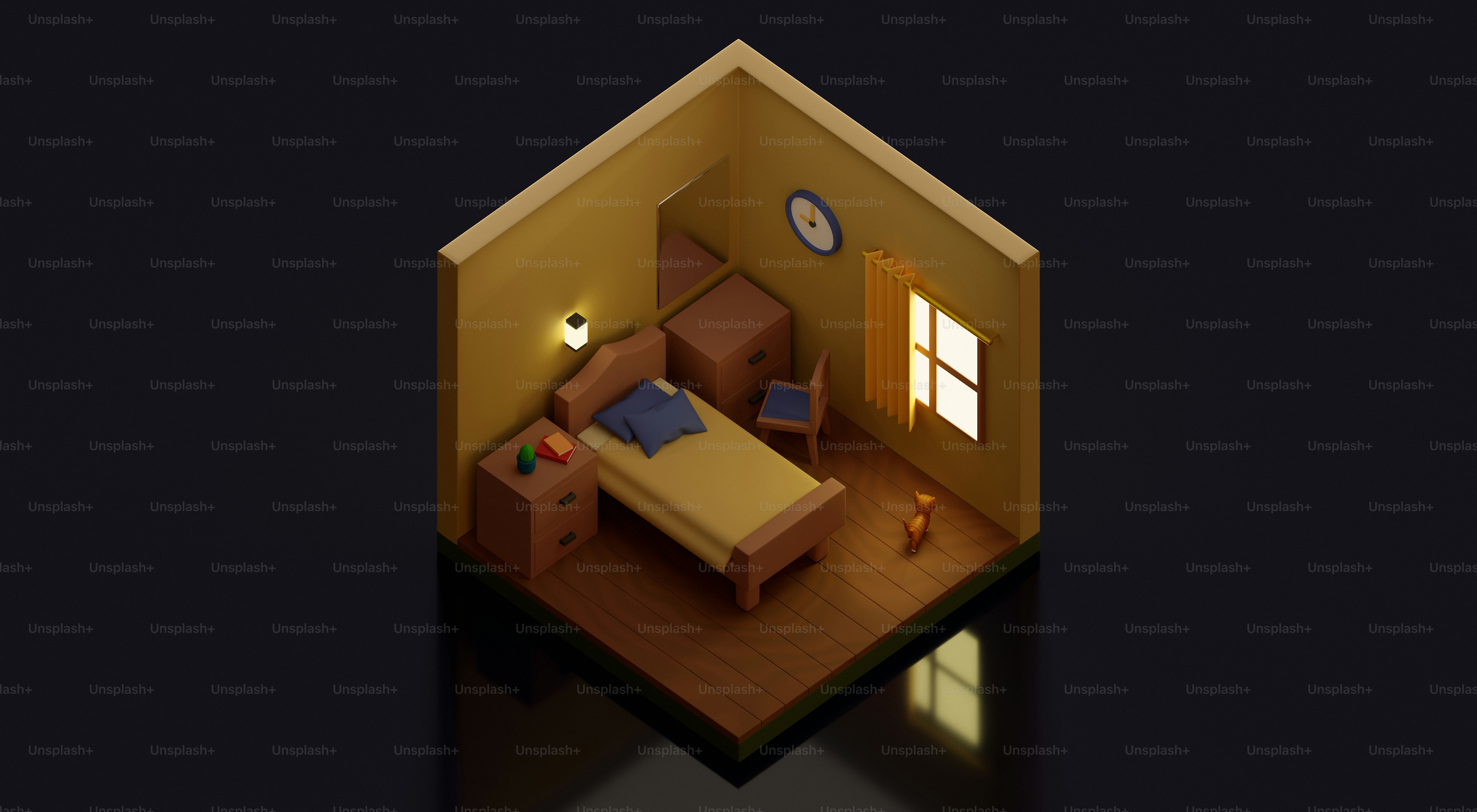 Isometric view of a cozy, well-lit bedroom. photo – 3d render Image on ...