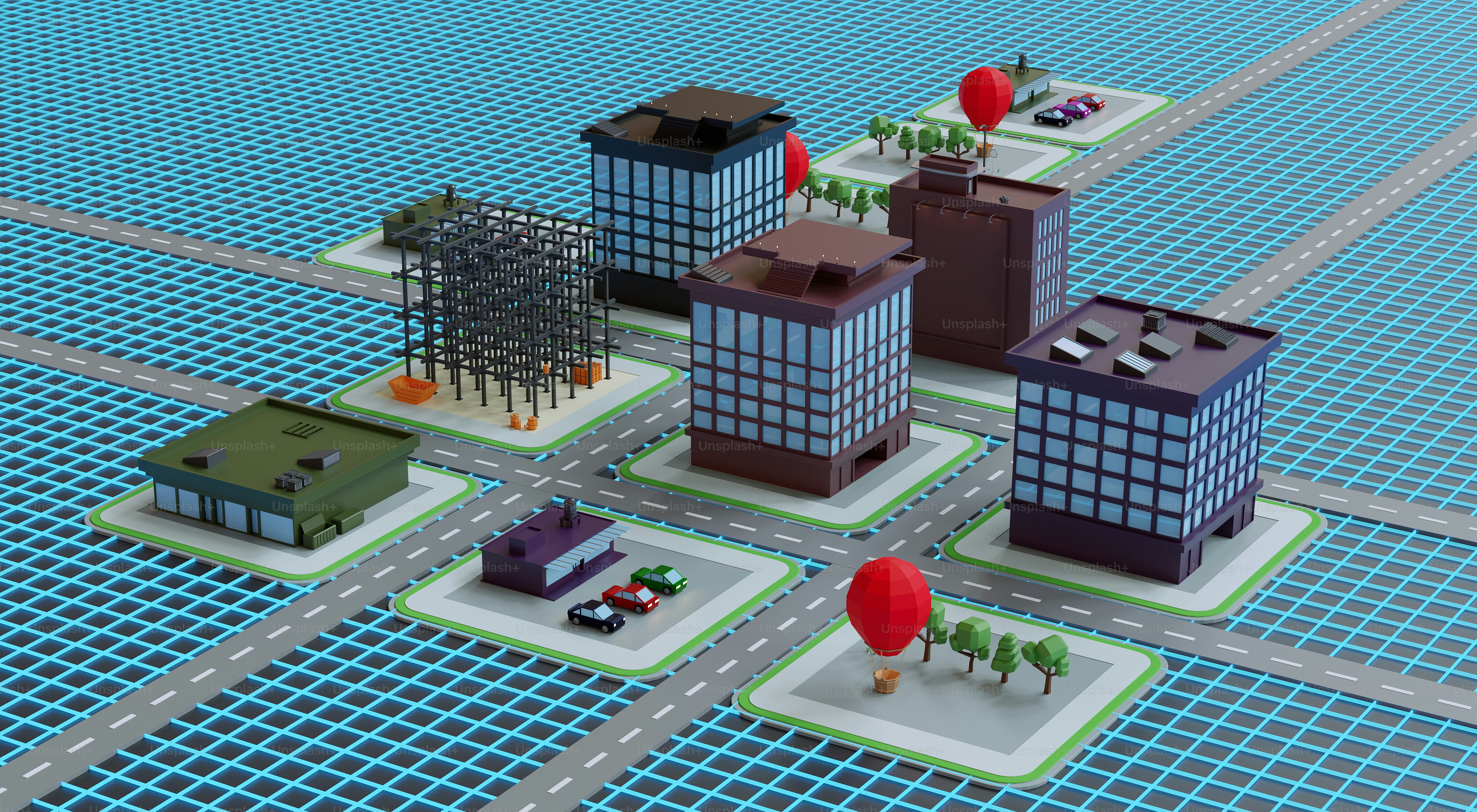 Voxel buildings and roads make up a cityscape. photo – 3d render Image ...