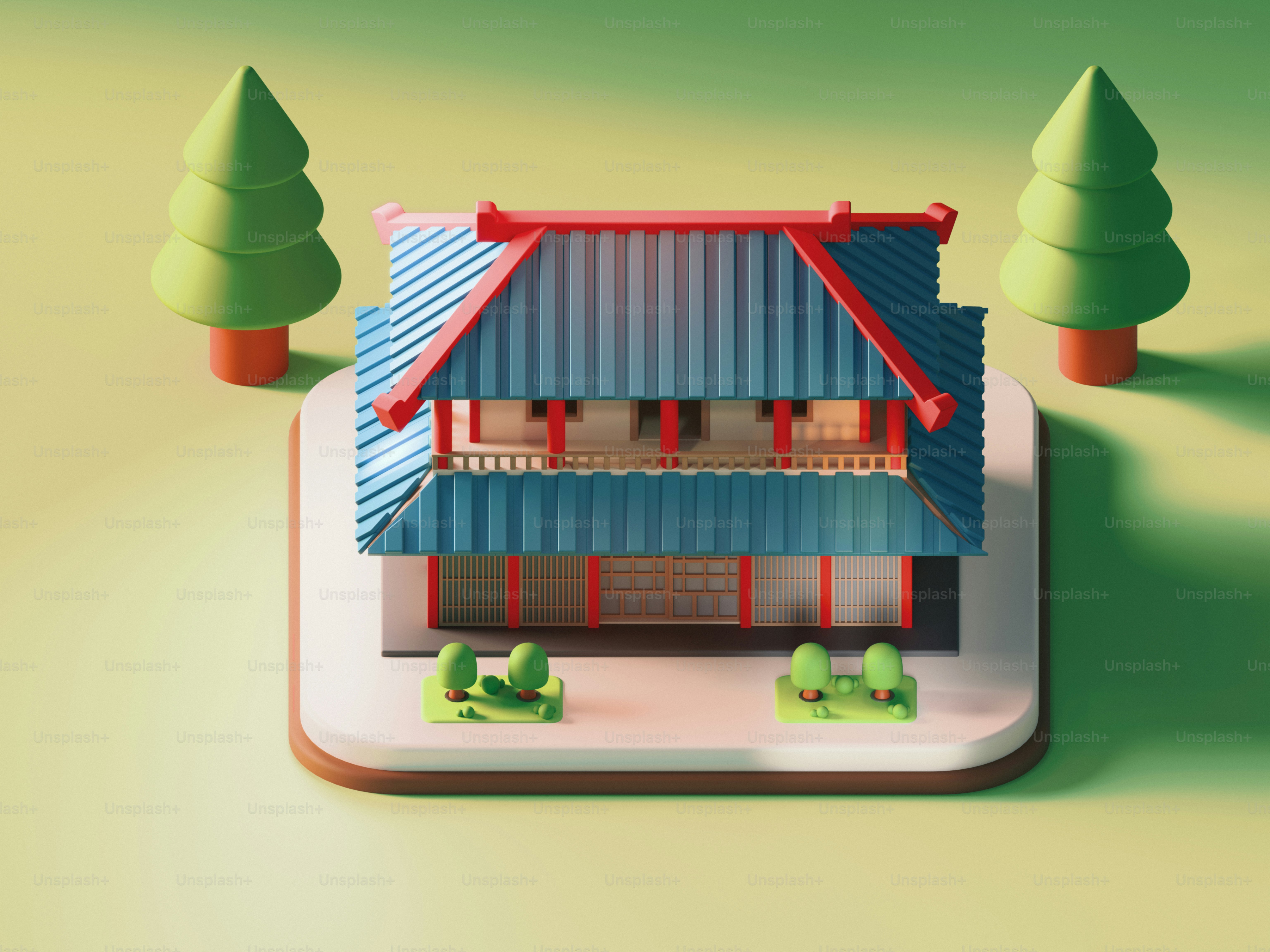 A stylized building with trees and bushes. photo – House Image on Unsplash