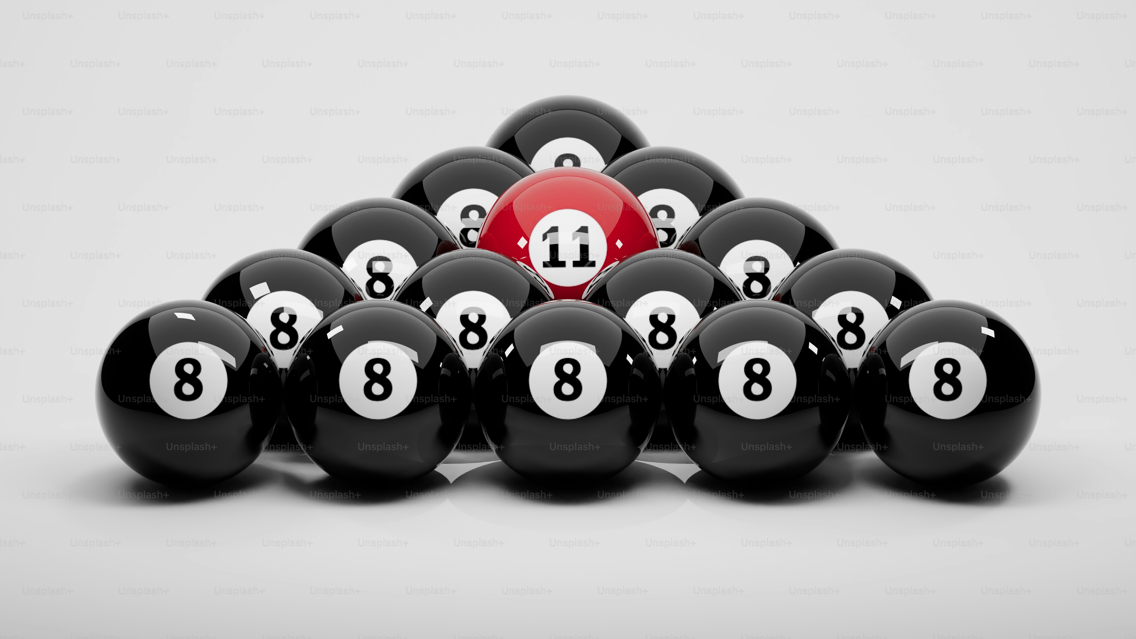 A pool rack with a red ball and several 8-balls. photo – 3d render ...