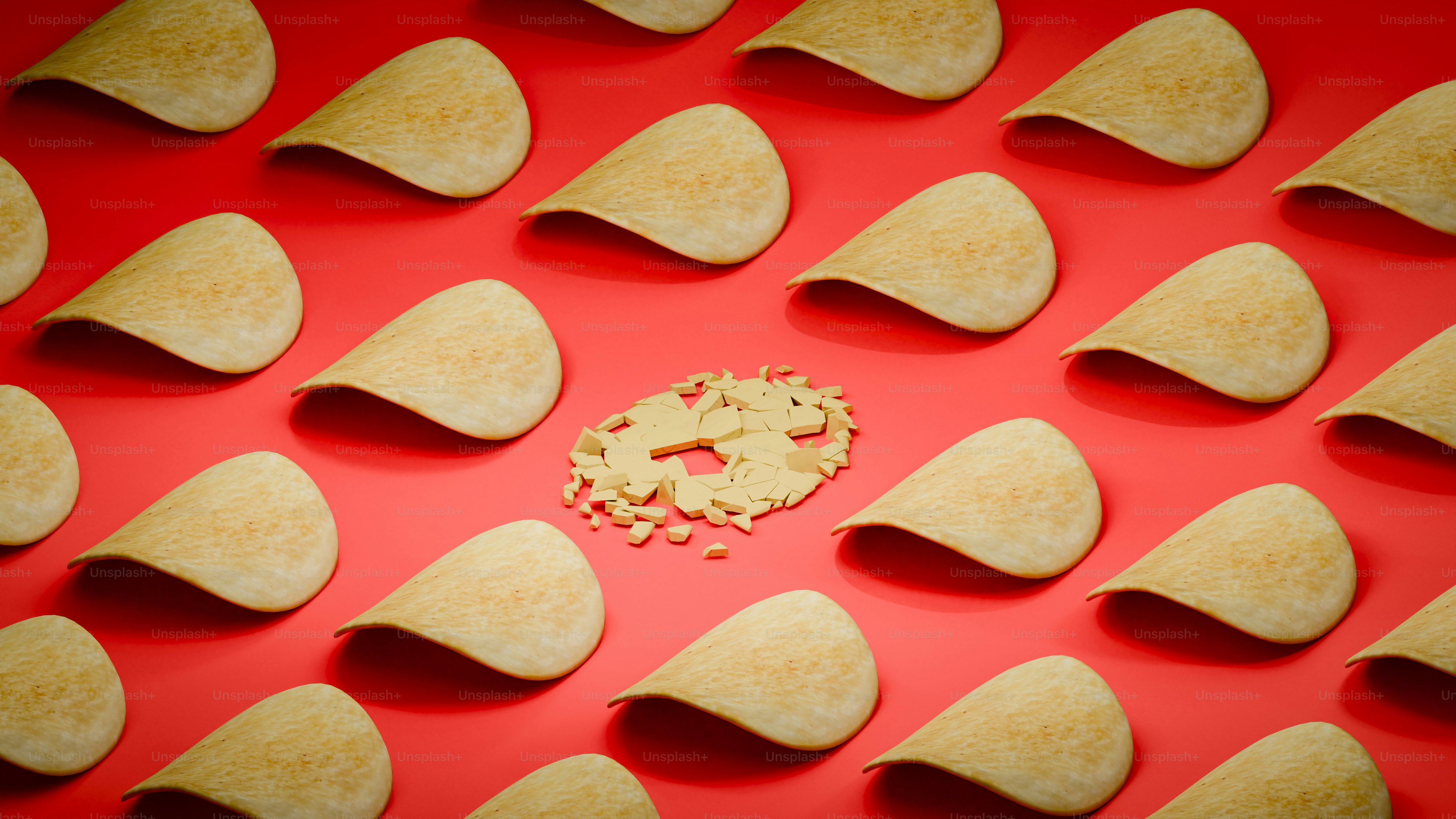 Potato chips are laid out with one broken. photo – 3d render Image on ...