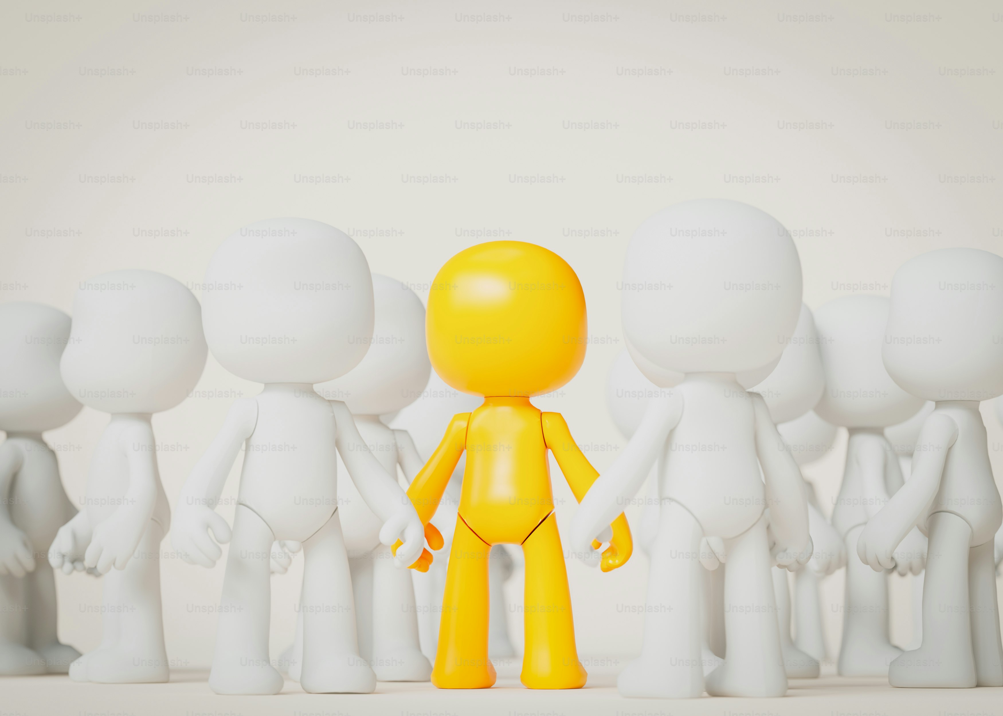 A bright yellow figure stands out from the crowd. photo – 3d render ...