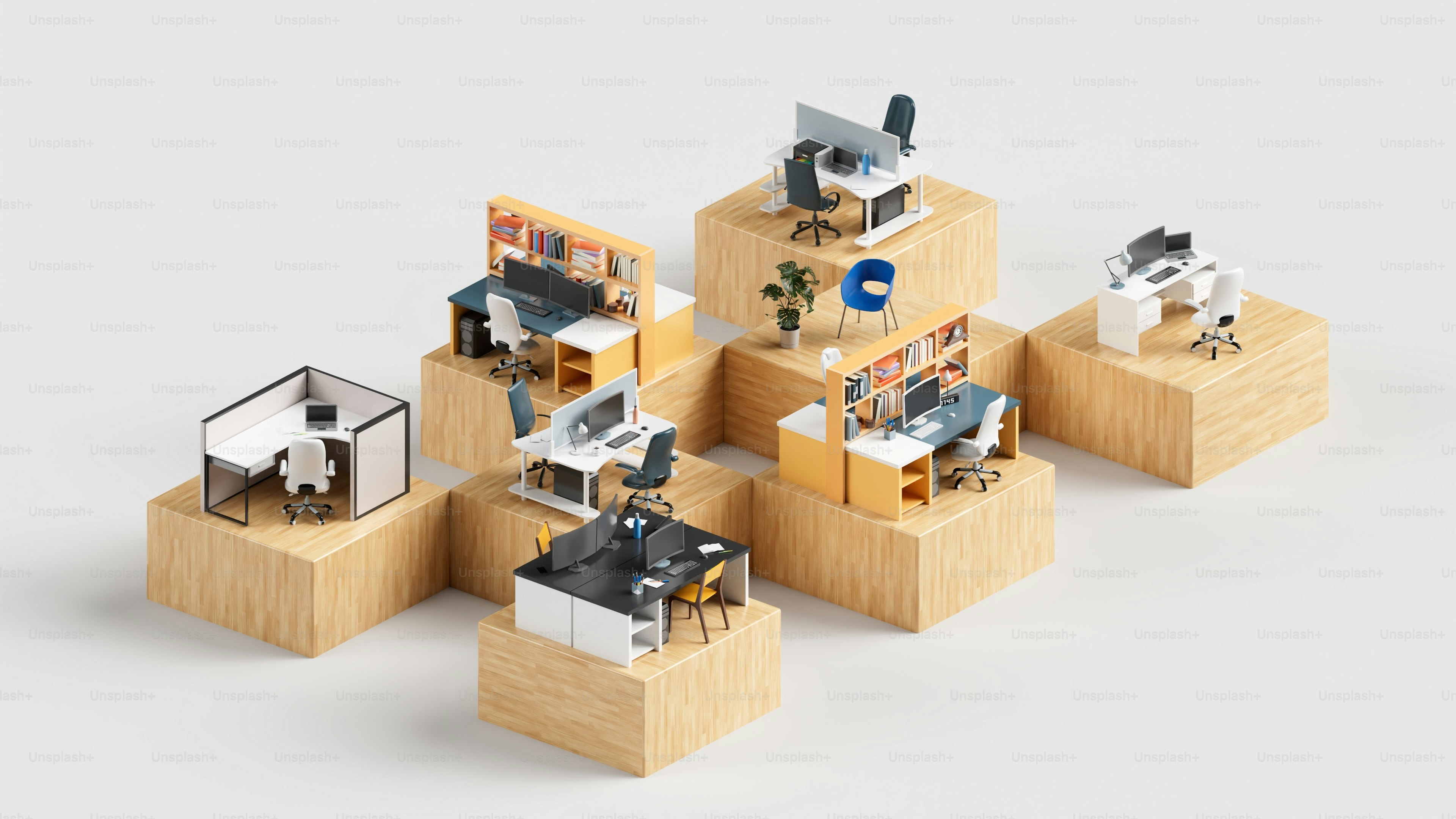 Miniature office setups are arranged on wooden blocks. photo – Business ...
