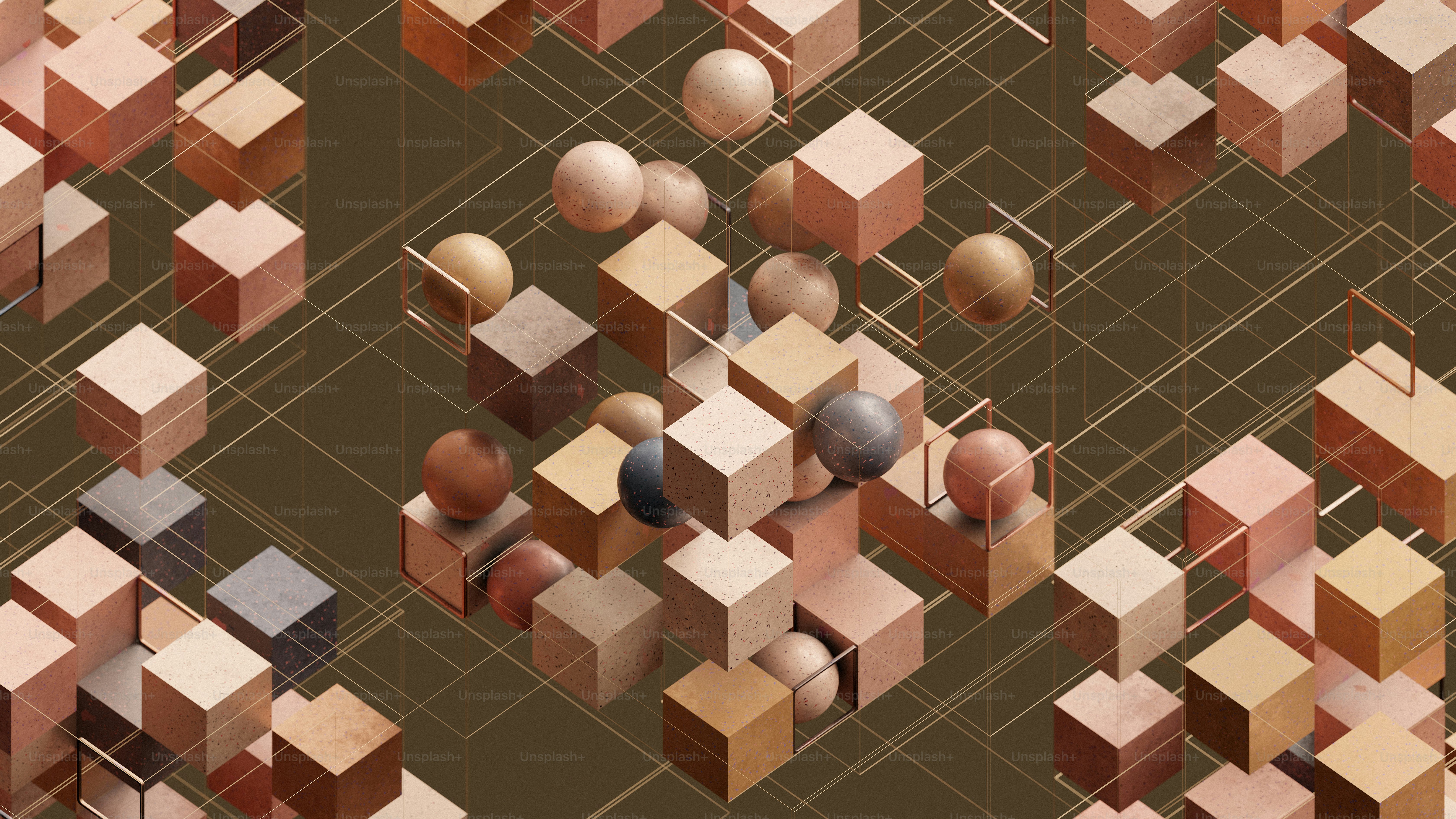 Blocks and spheres are arranged in a 3D design. photo – 3d render Image ...