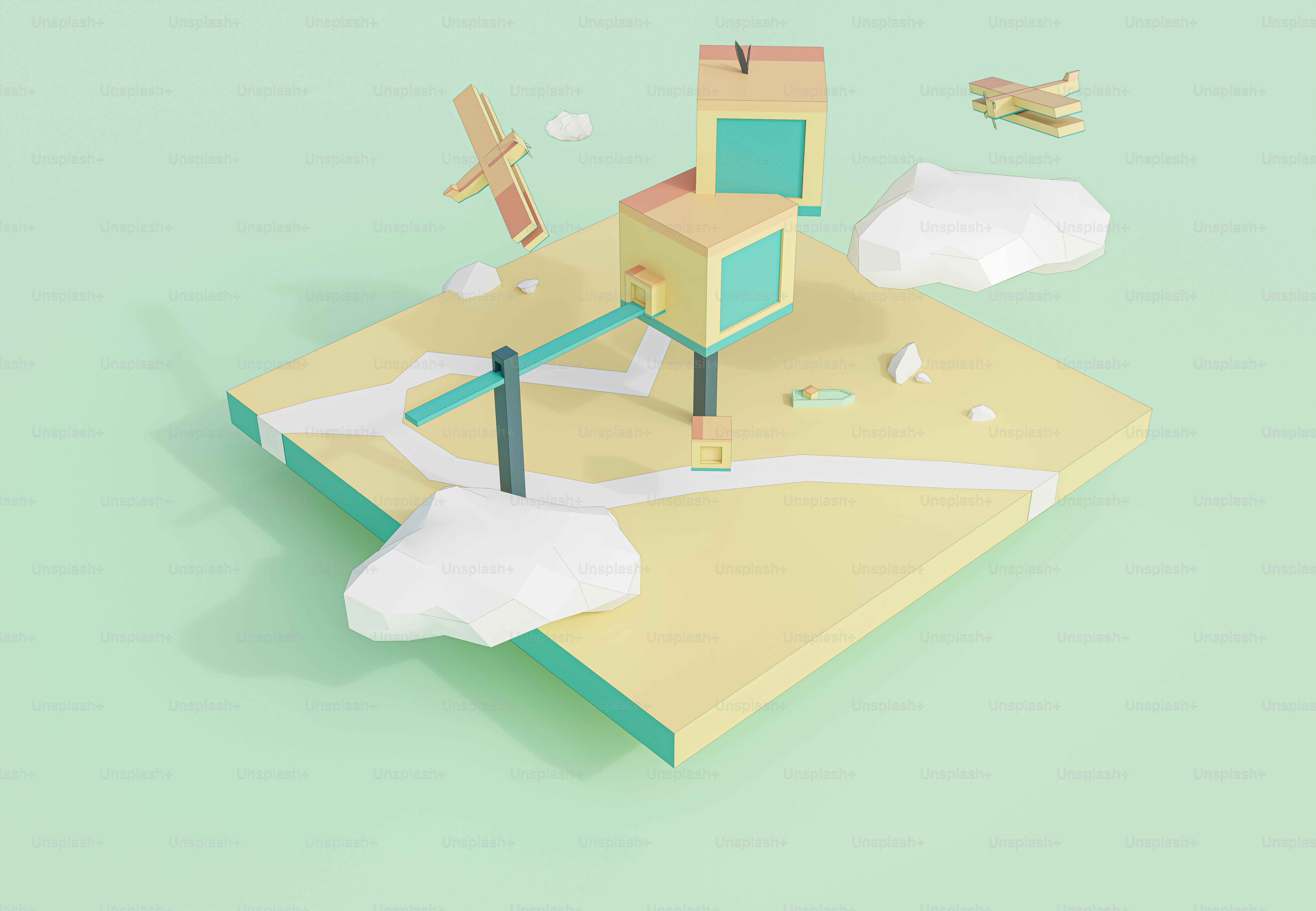 A whimsical low-poly scene with houses and airplanes. photo – Airplane ...