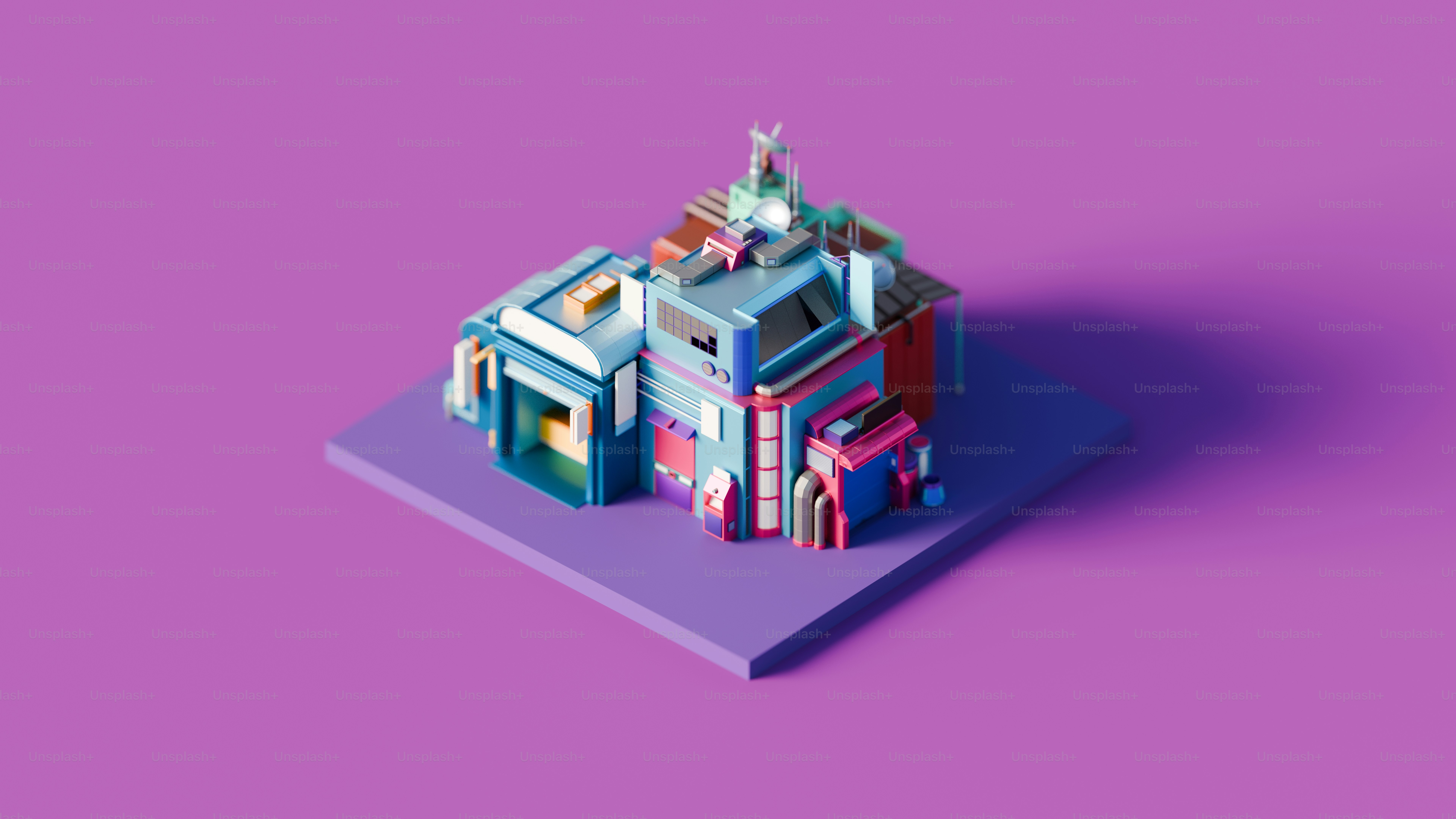 Colorful, geometric building on a purple platform. photo – 3d render ...