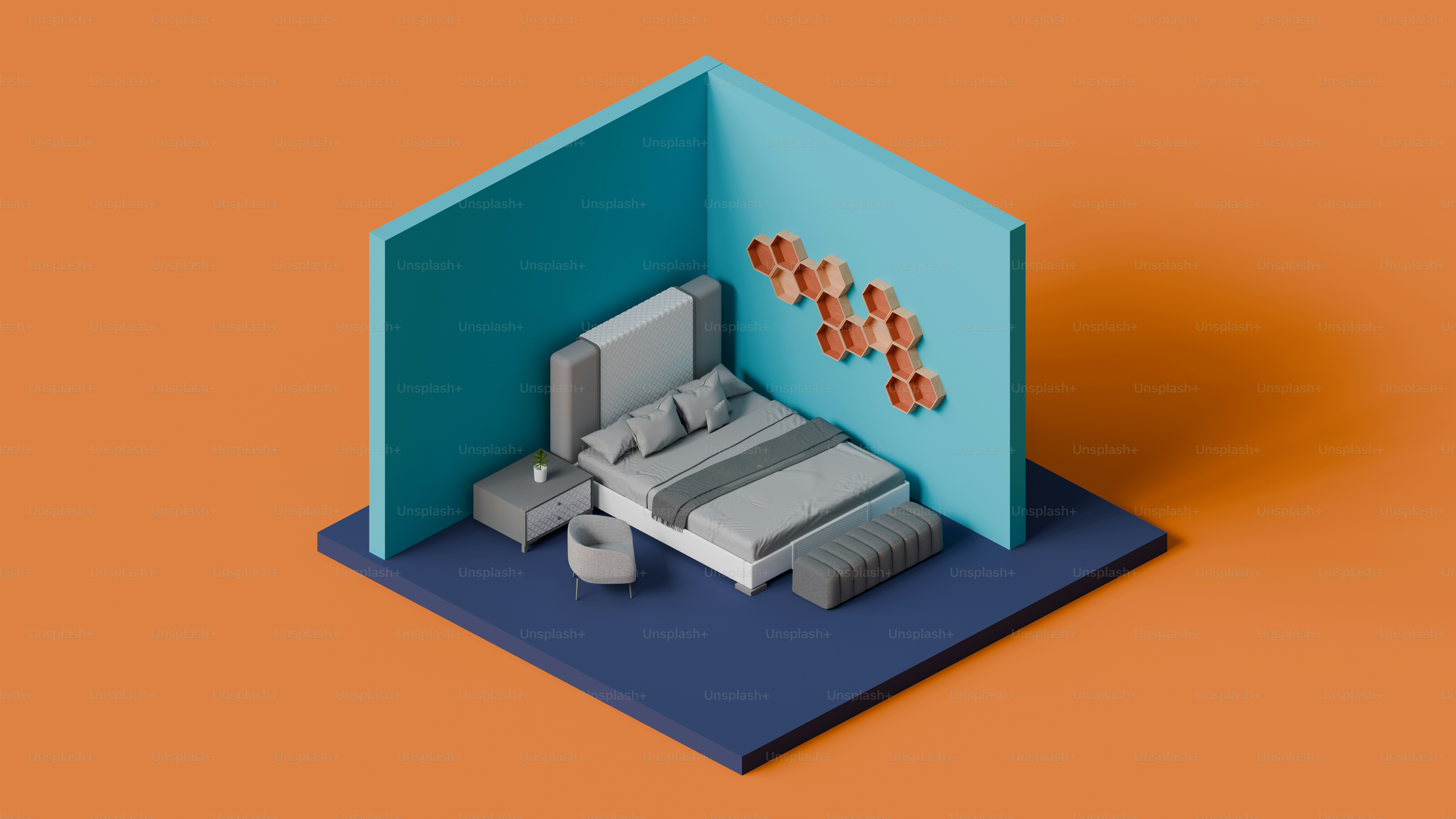 Isometric bedroom design with modern details. photo – 3d render Image ...