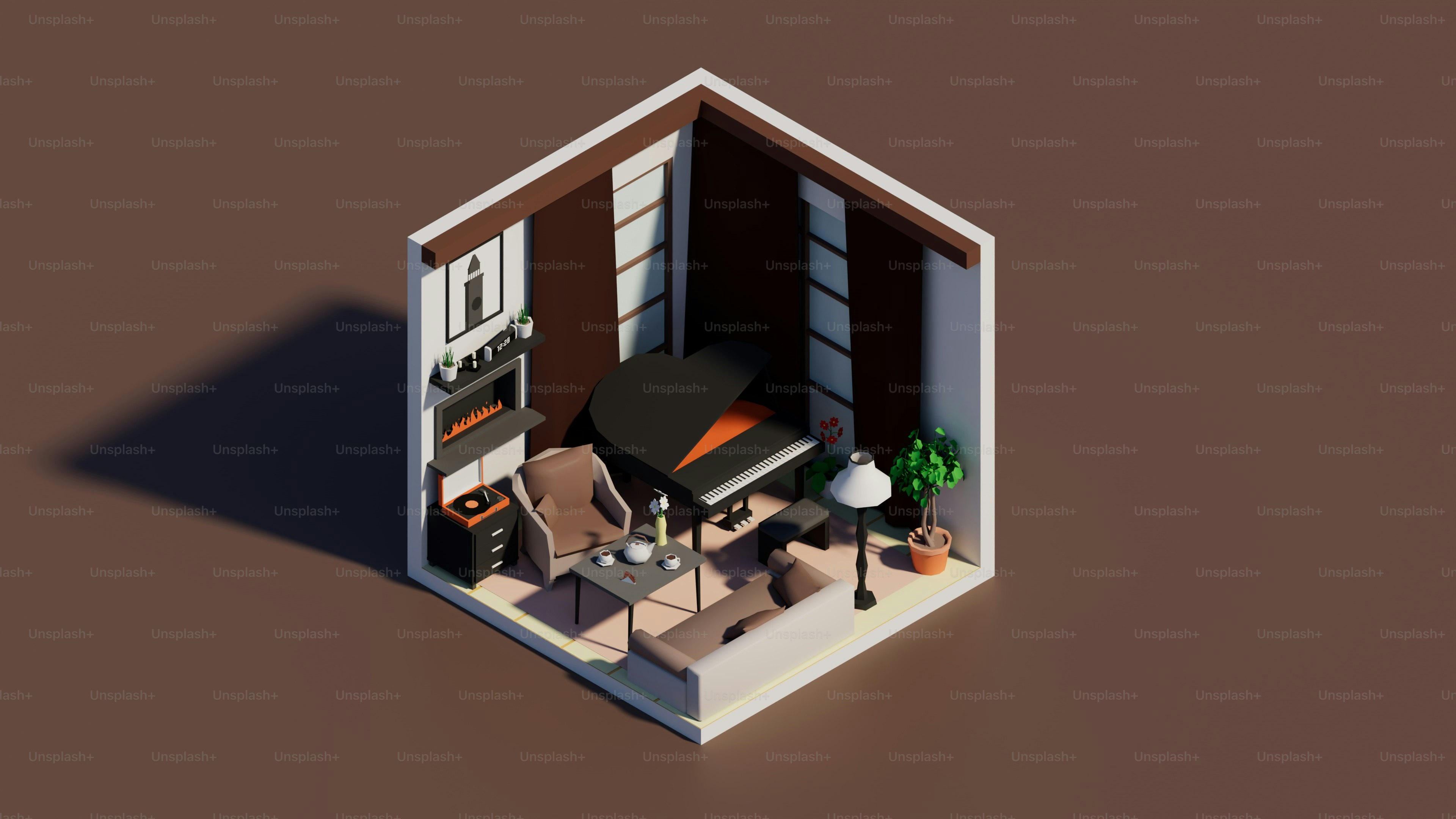 A cozy, isometric room with a piano. photo – Room Image on Unsplash