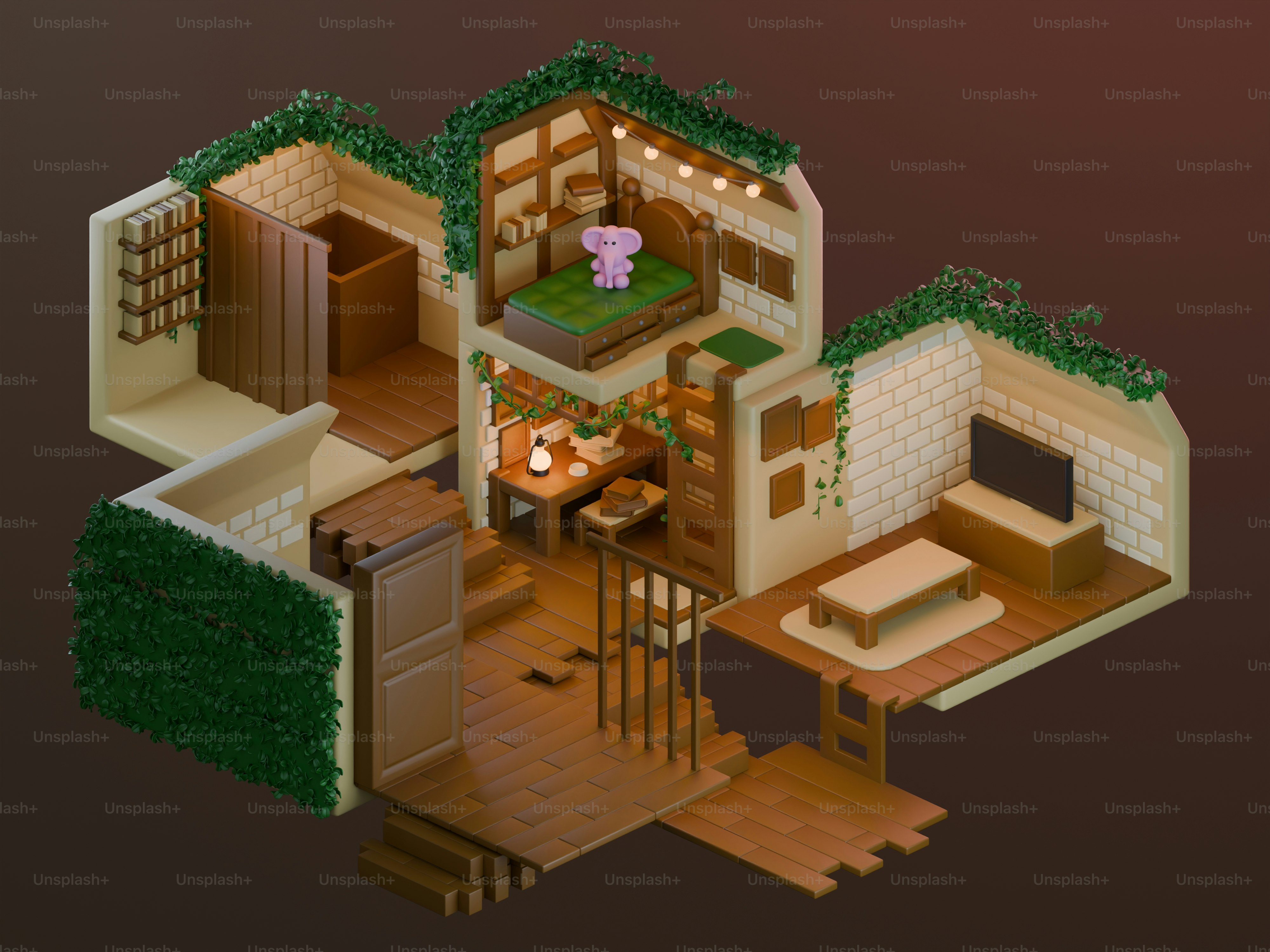 A cozy, miniature voxel house with lush greenery. photo – 3d render ...