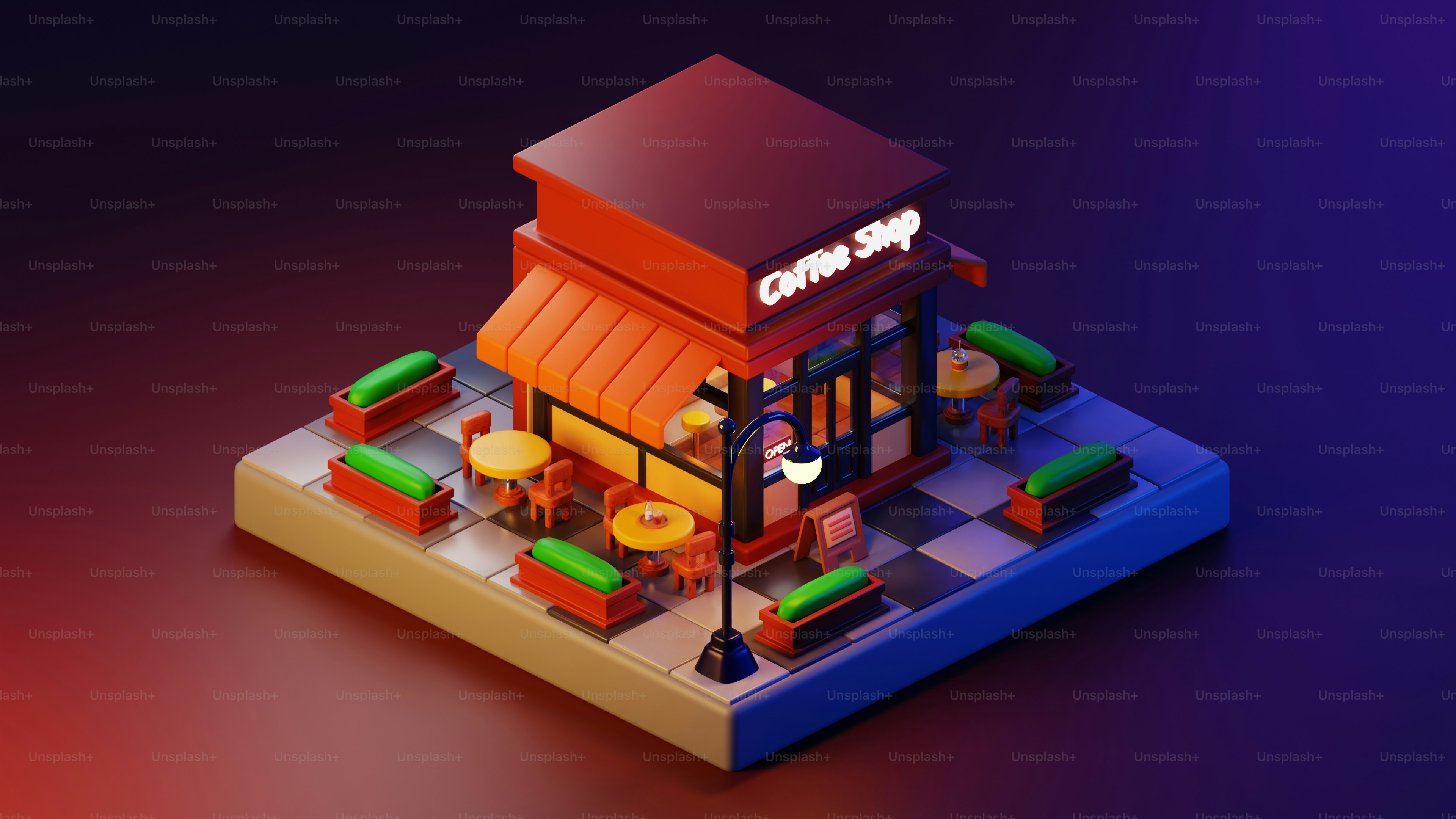 A cozy 3D coffee shop stands under ambient lighting. photo – Coffee ...