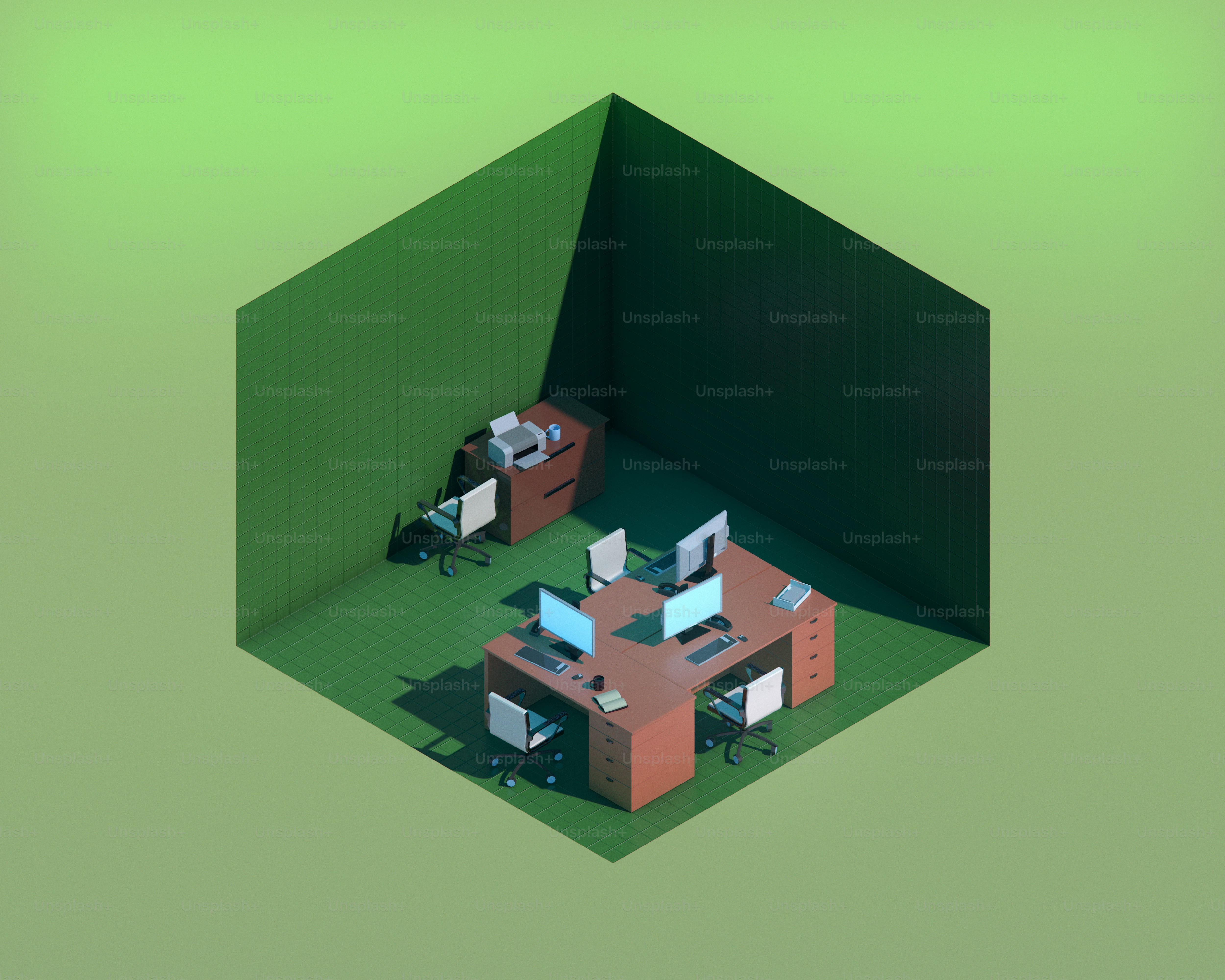 A cube shows an isometric view of an office. photo – Office Image on ...