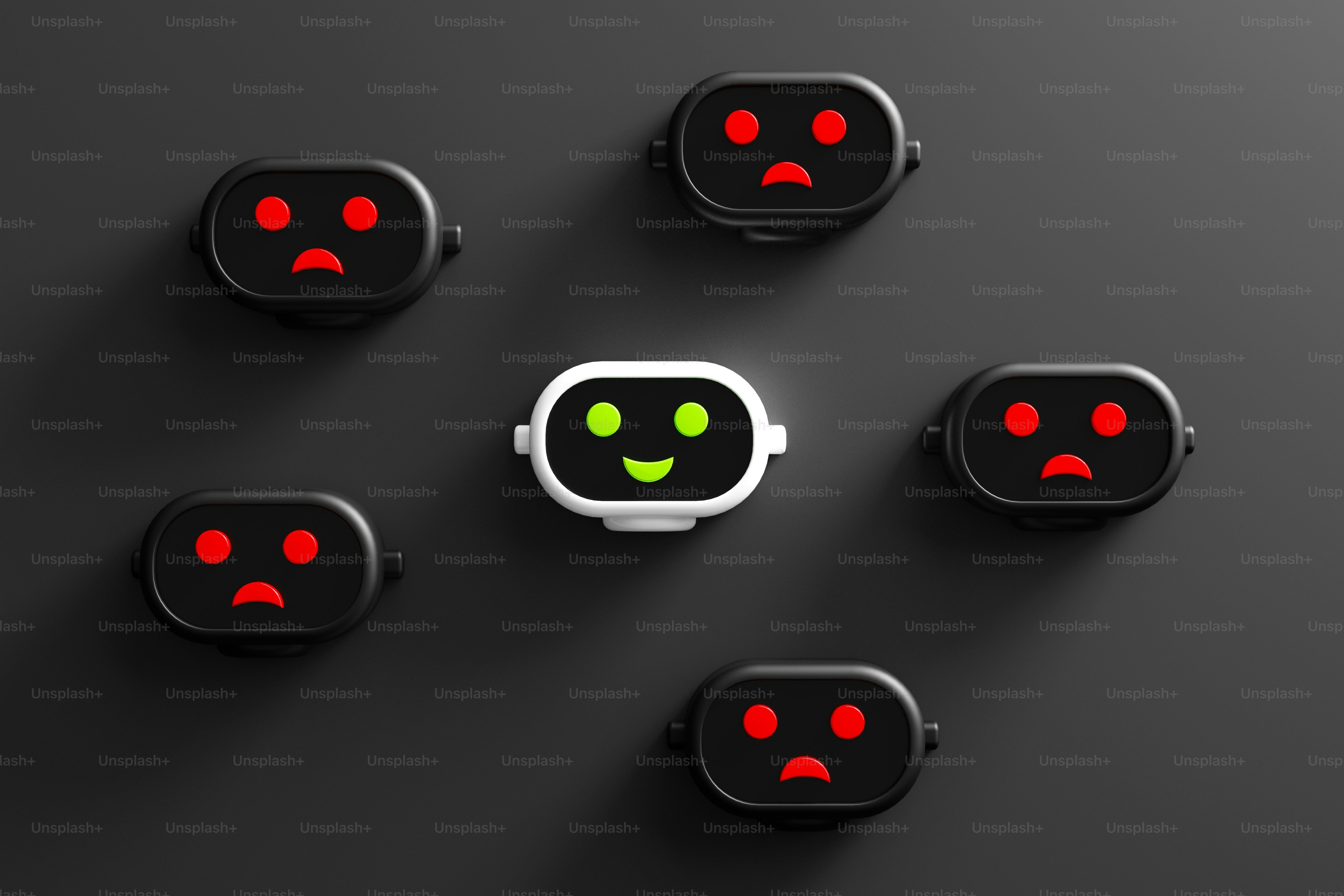 Happy robot surrounded by sad robots. photo – 3d render Image on Unsplash