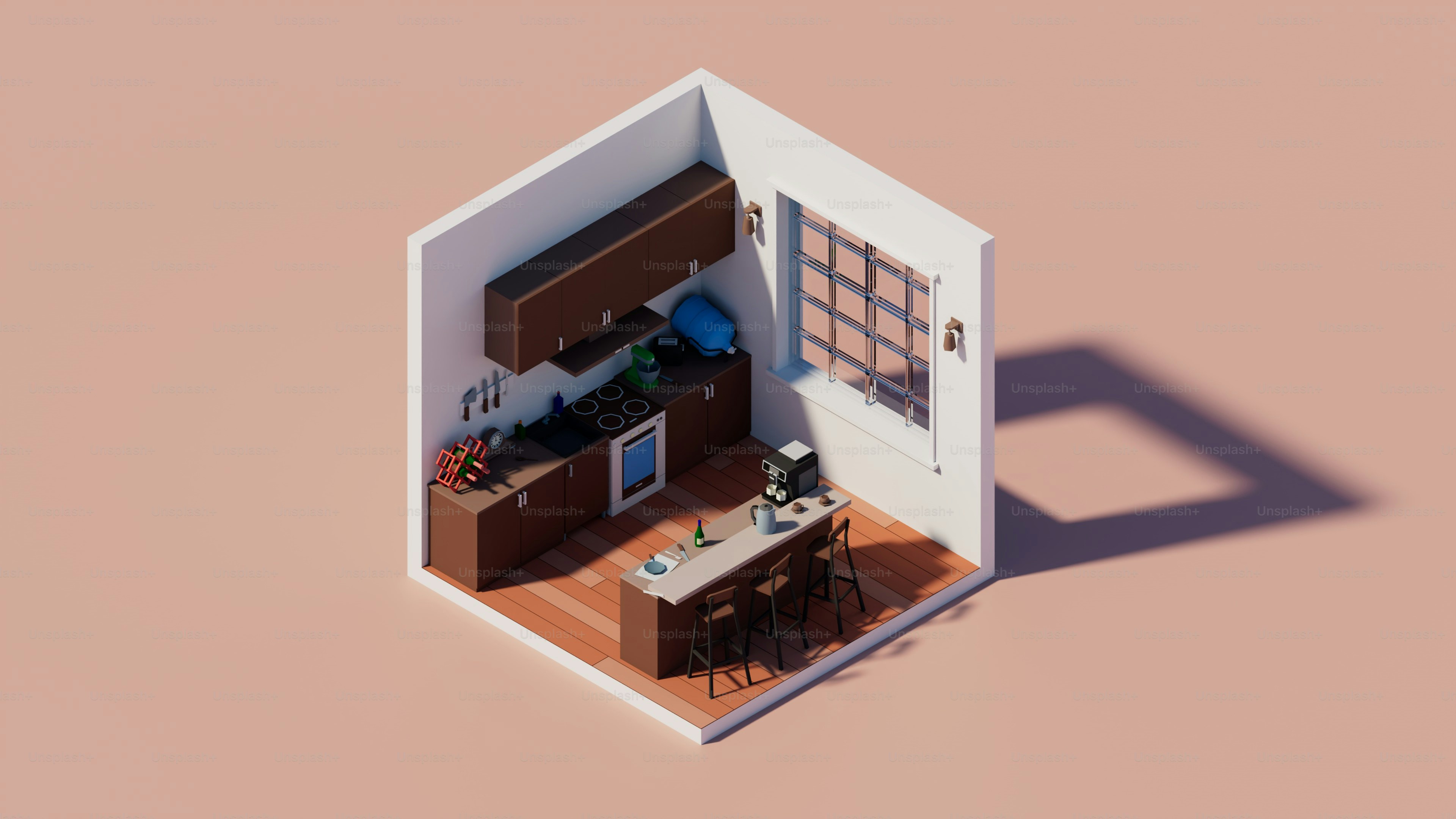 A tiny, detailed isometric kitchen scene. photo – 3d render Image on ...