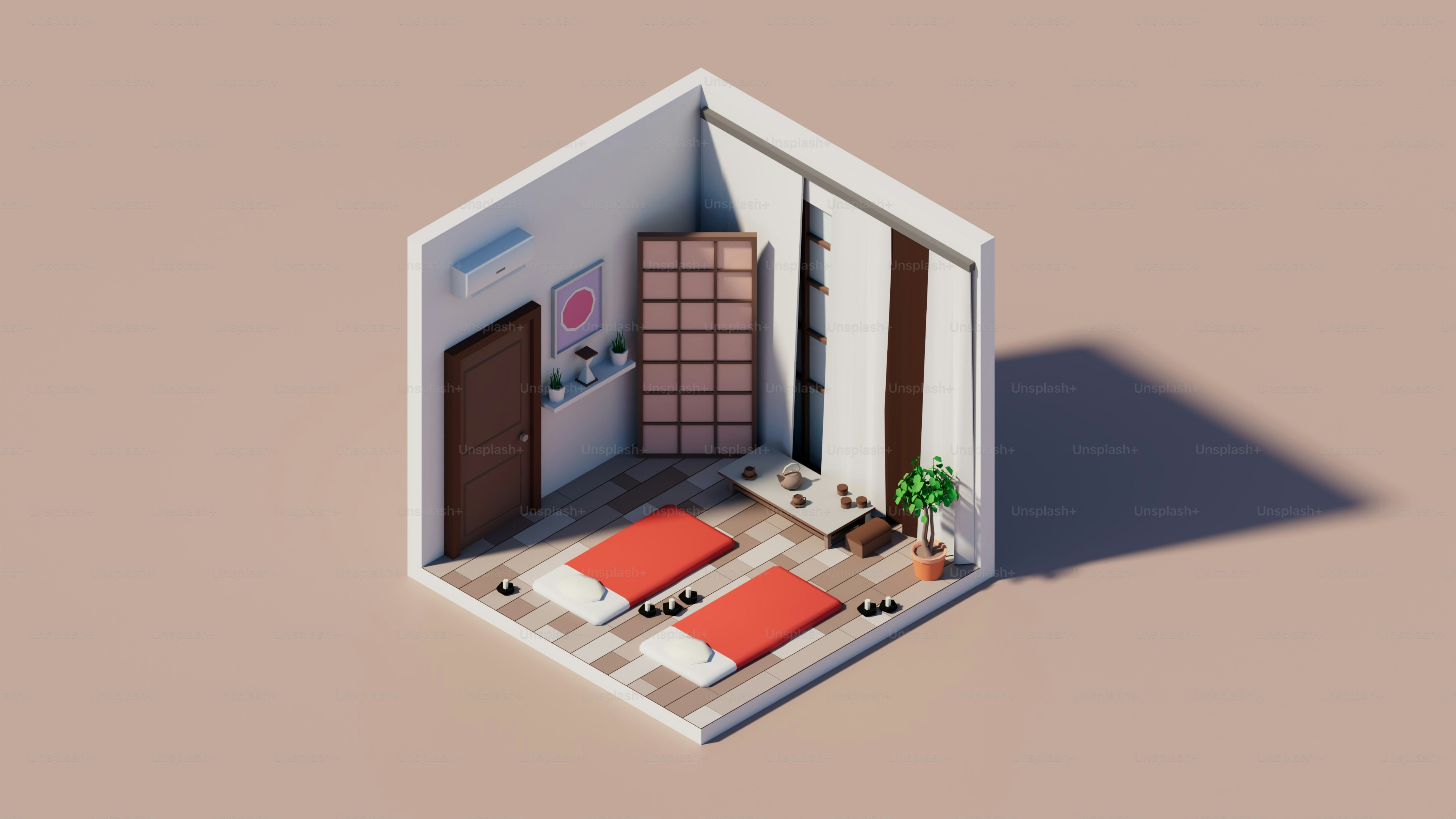 Isometric view of a small, furnished bedroom. photo – 3d render Image ...