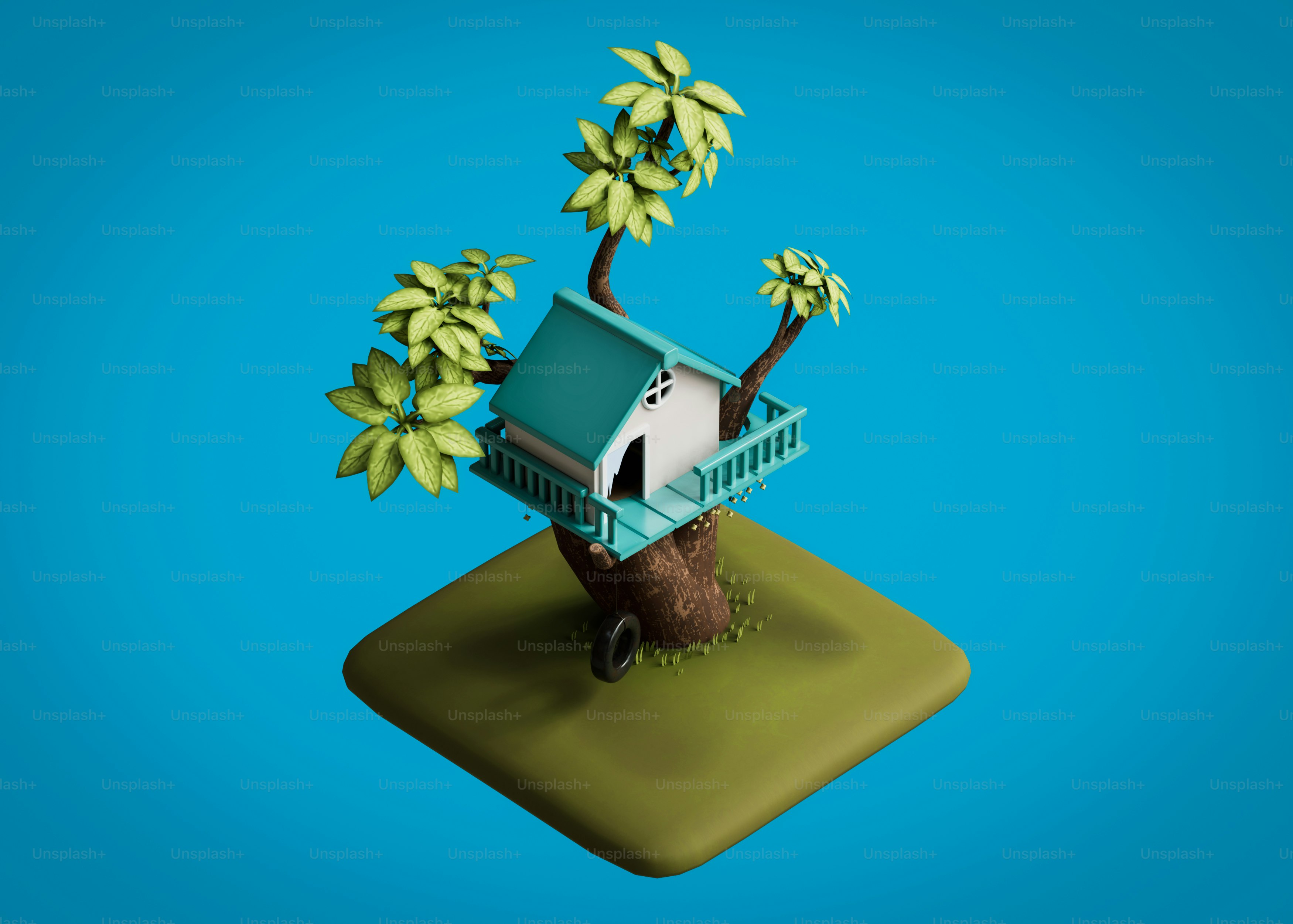 A cartoon treehouse rests on a green platform. photo – 3d render Image ...